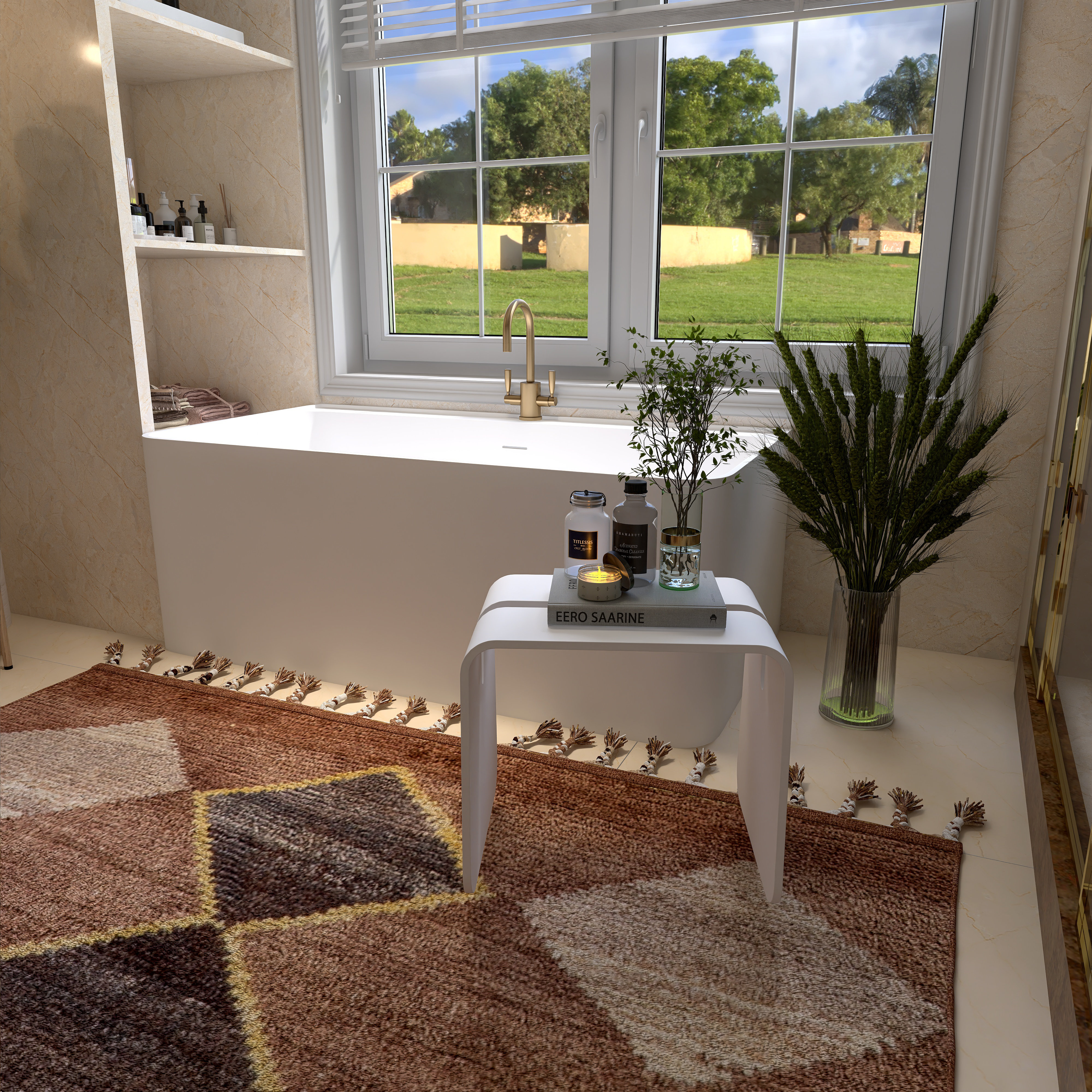 HOME ART Solid Surface Shower Stool Matte White Minimalist Artificial ...