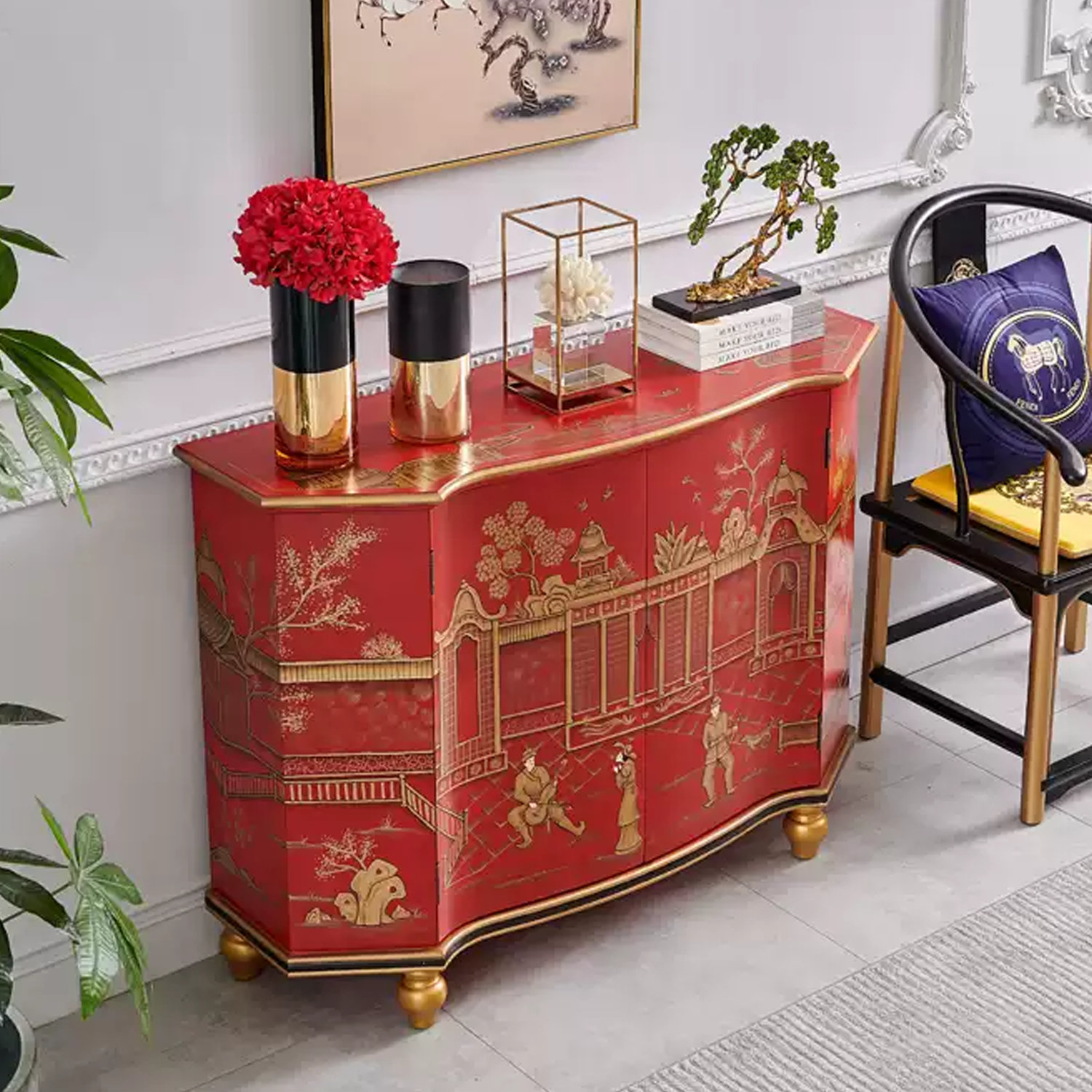 Vivid Space Creation Red Hand-Painted Accent and Buffet Cabinet ...