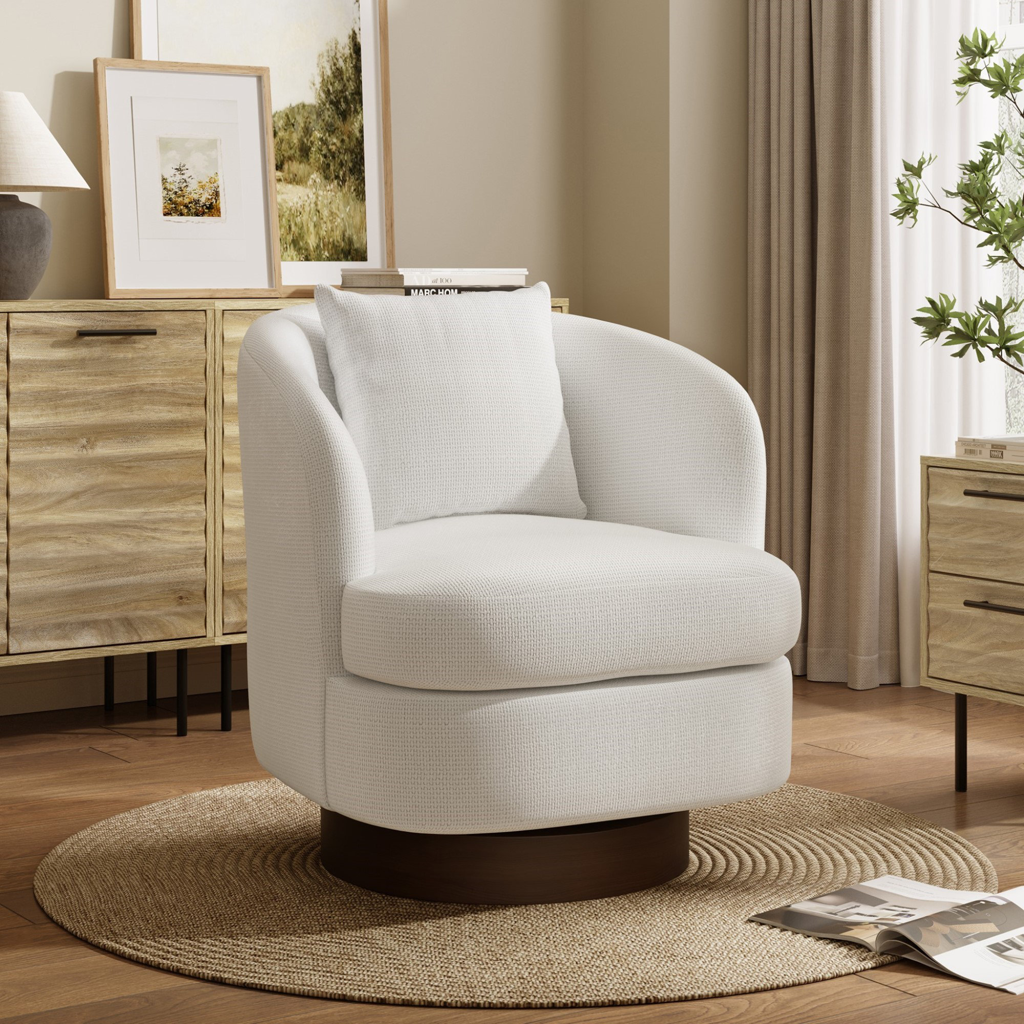 Ivy Bronx Upholstered White Woven Texture Swivel Accent Chair with Dark ...