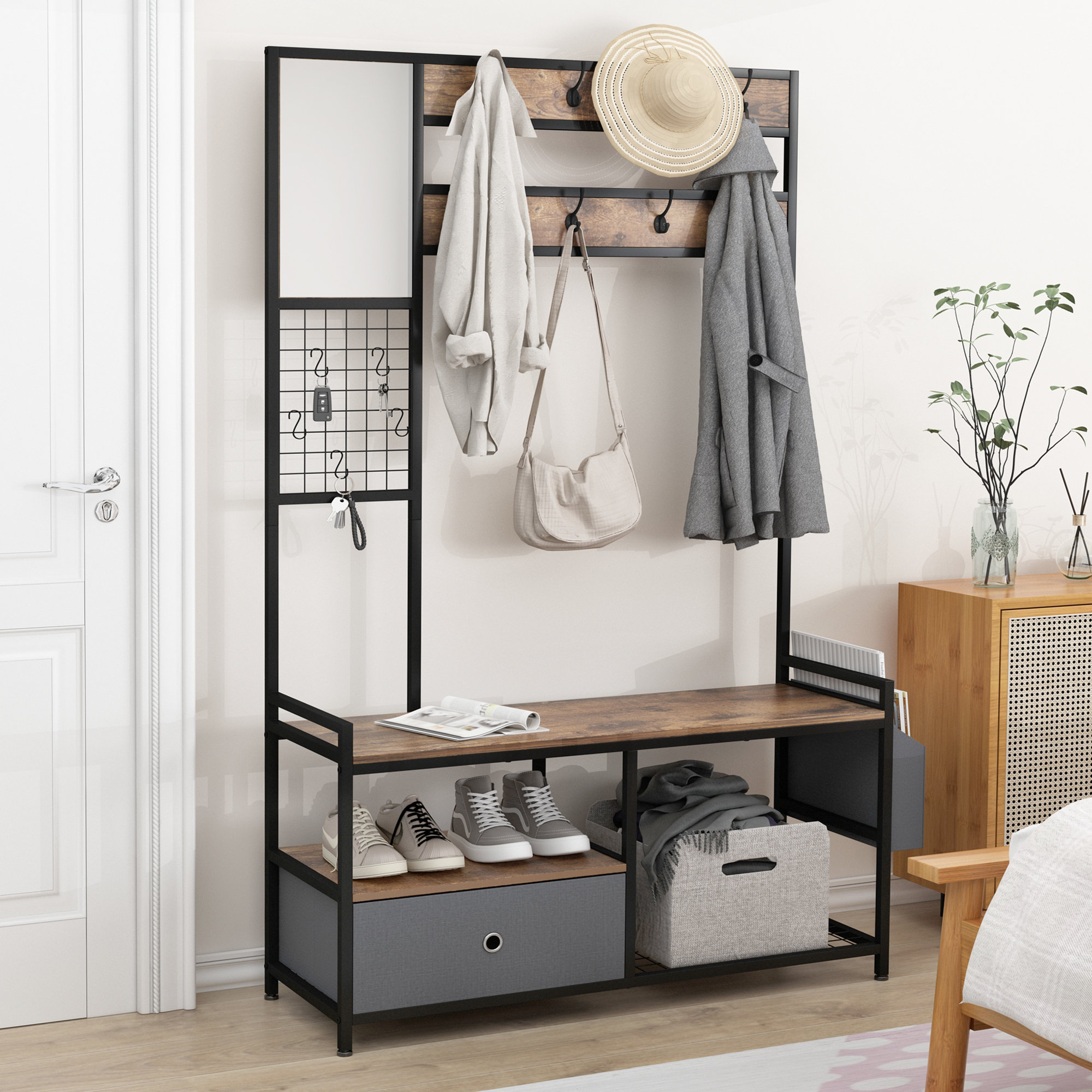 17 Stories Vrej Hall Tree 39.37'' Wide with Bench and Shoe Storage ...