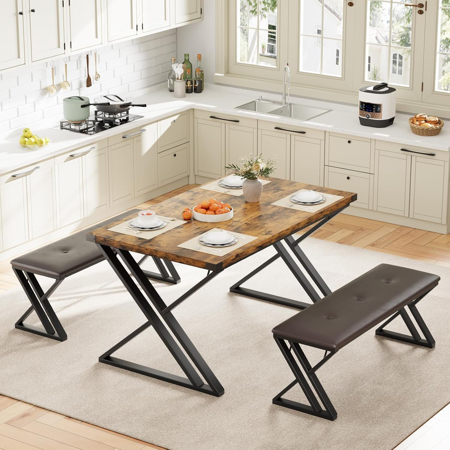 17 Stories Dining Table Set for 4, Z-Shaped Leg Kitchen Table Set with ...