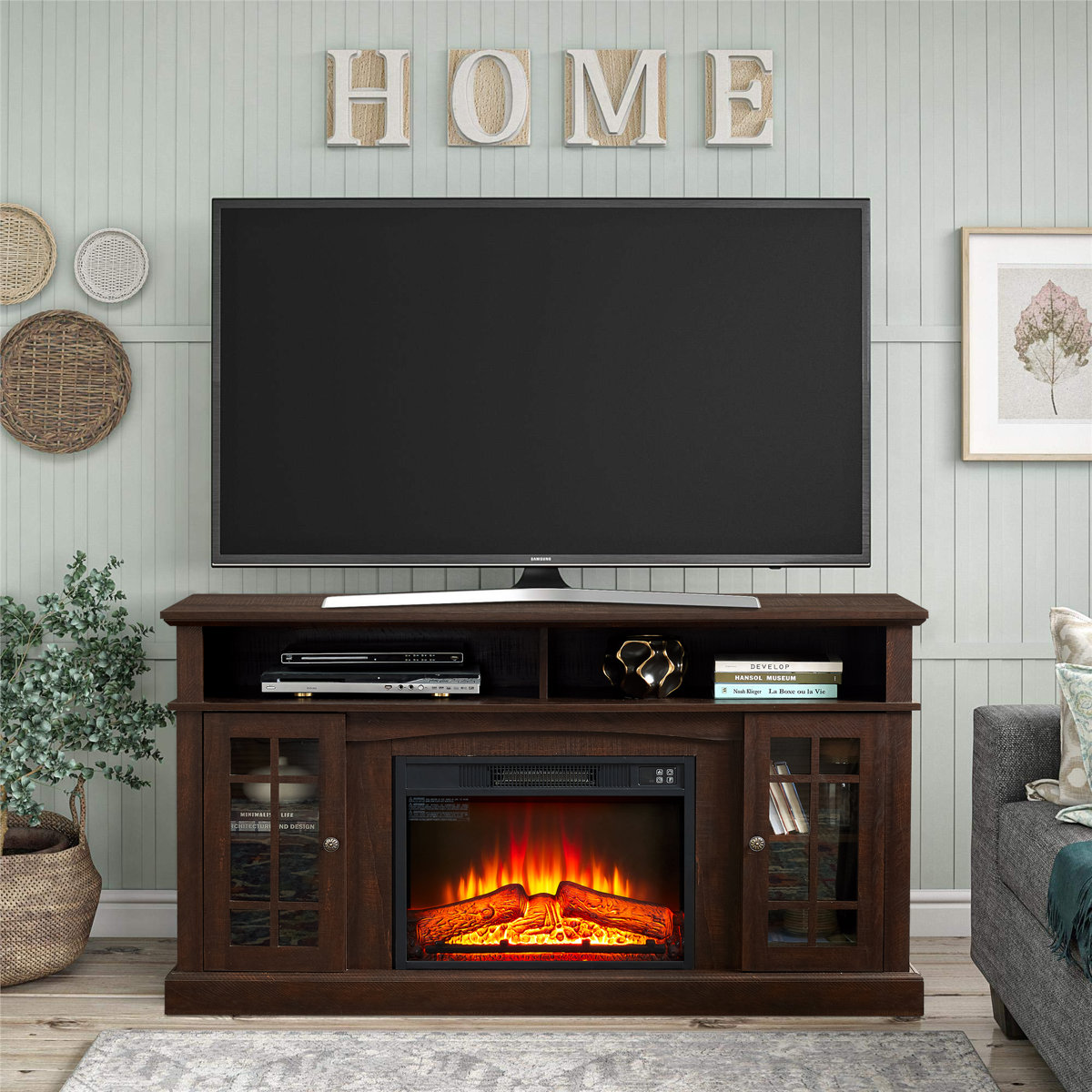 Gracie Oaks Xee 58"W Retro Fireplace Insert TV Stand, 1400W Electric ...