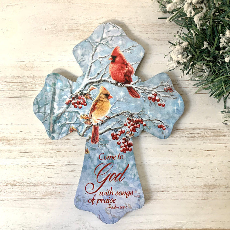 Glow Decor Winter Cardinals Wooden Cross | Wayfair