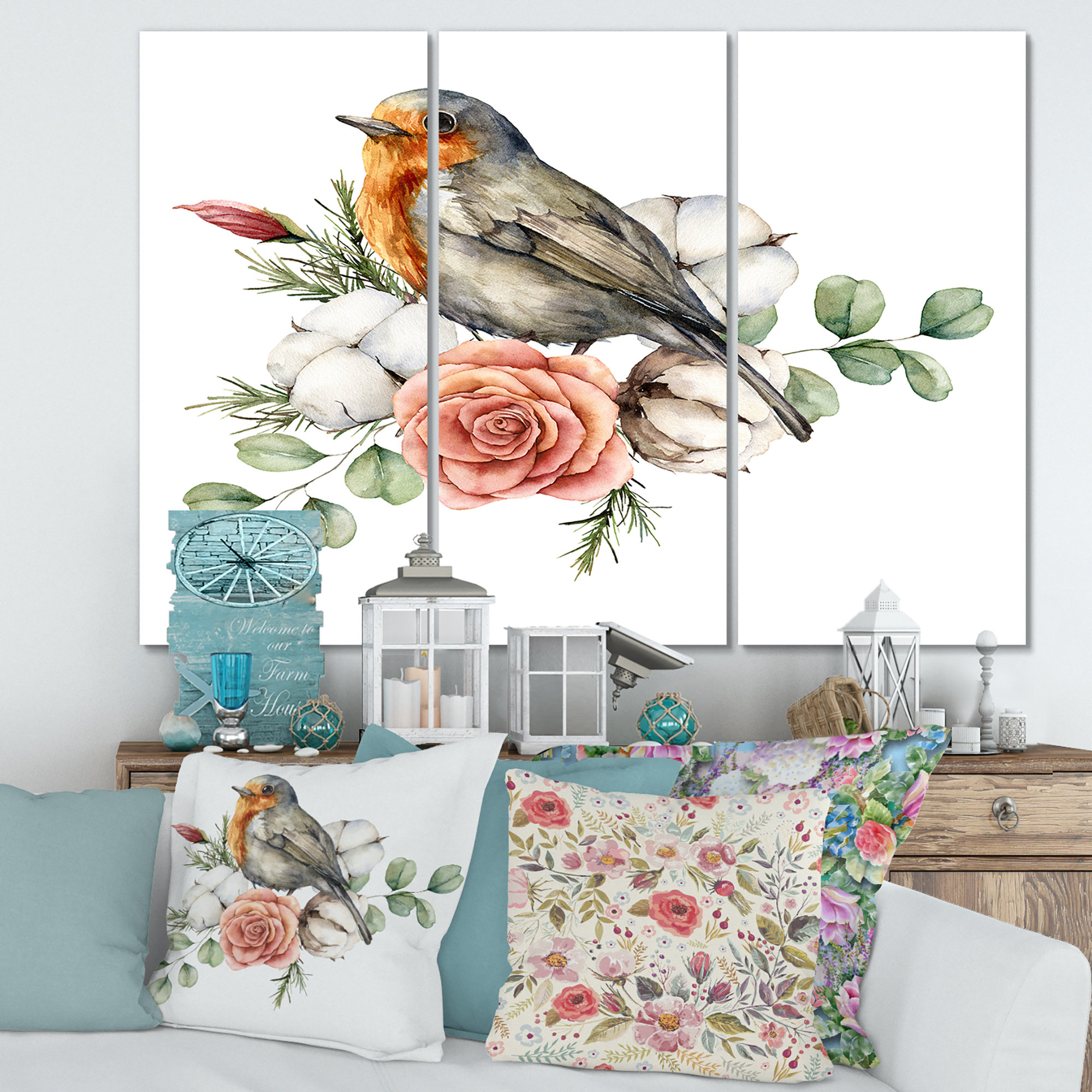 East Urban Home Robin Redbreast With Cotton Rose And Leaves - 3 Piece ...