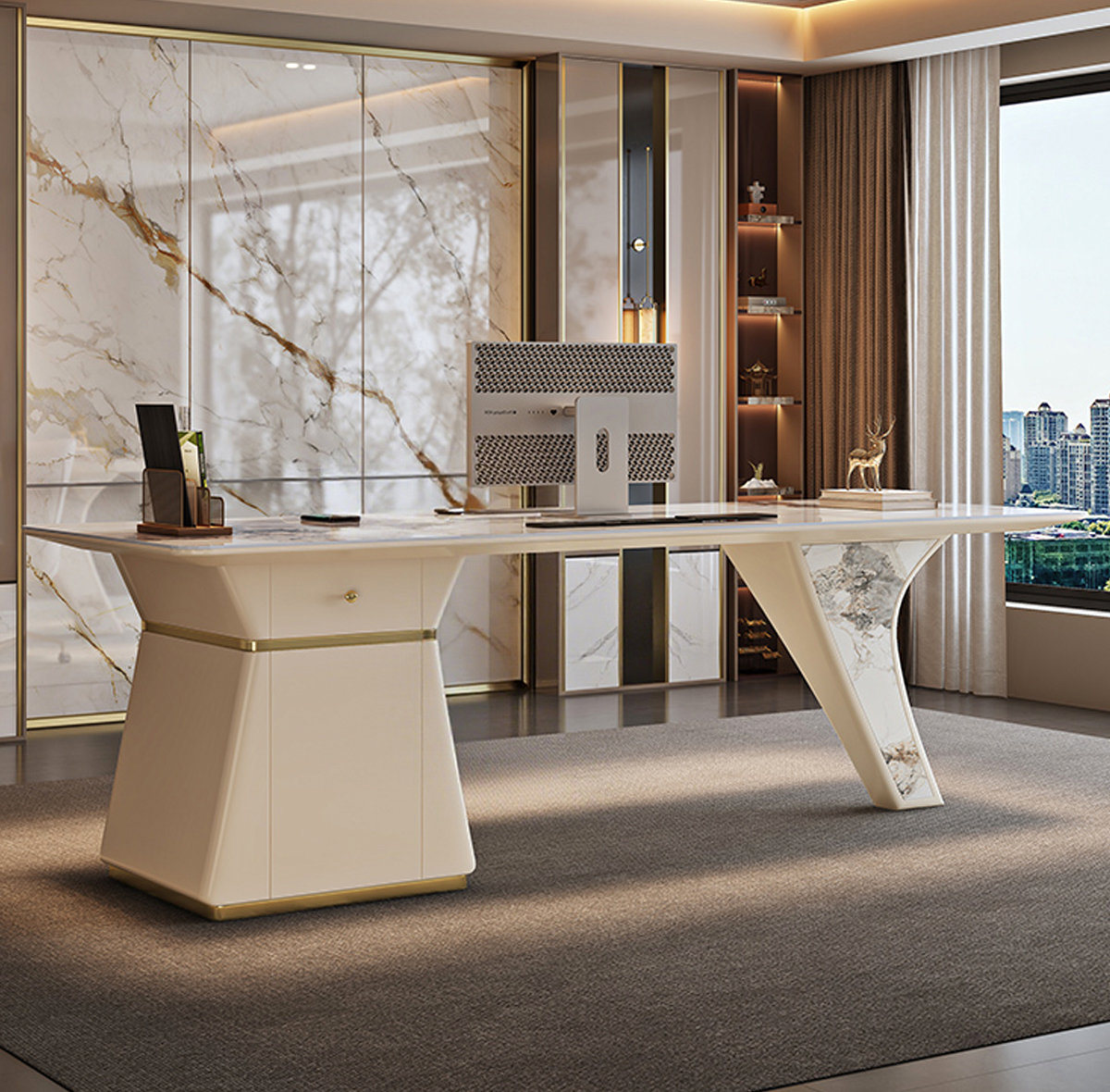 Wrought Studio™ Sintered Stone Top Executive Desk with Gold Accents ...