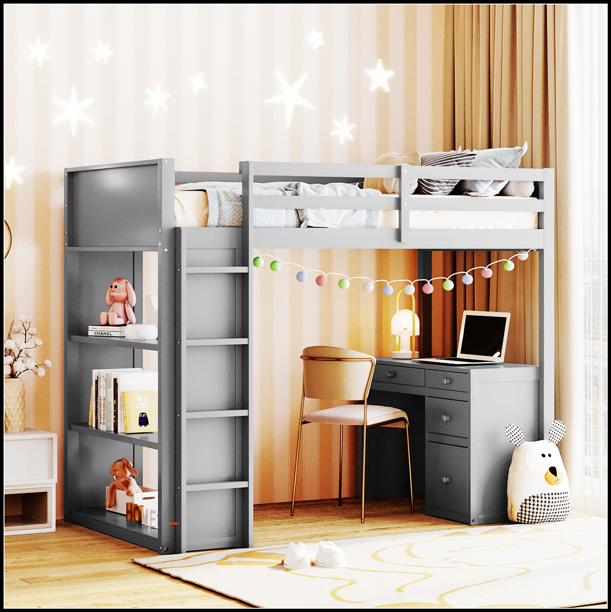 Harriet Bee Loft Bed with Ladder, Shelves, and Desk for Space-Saving ...