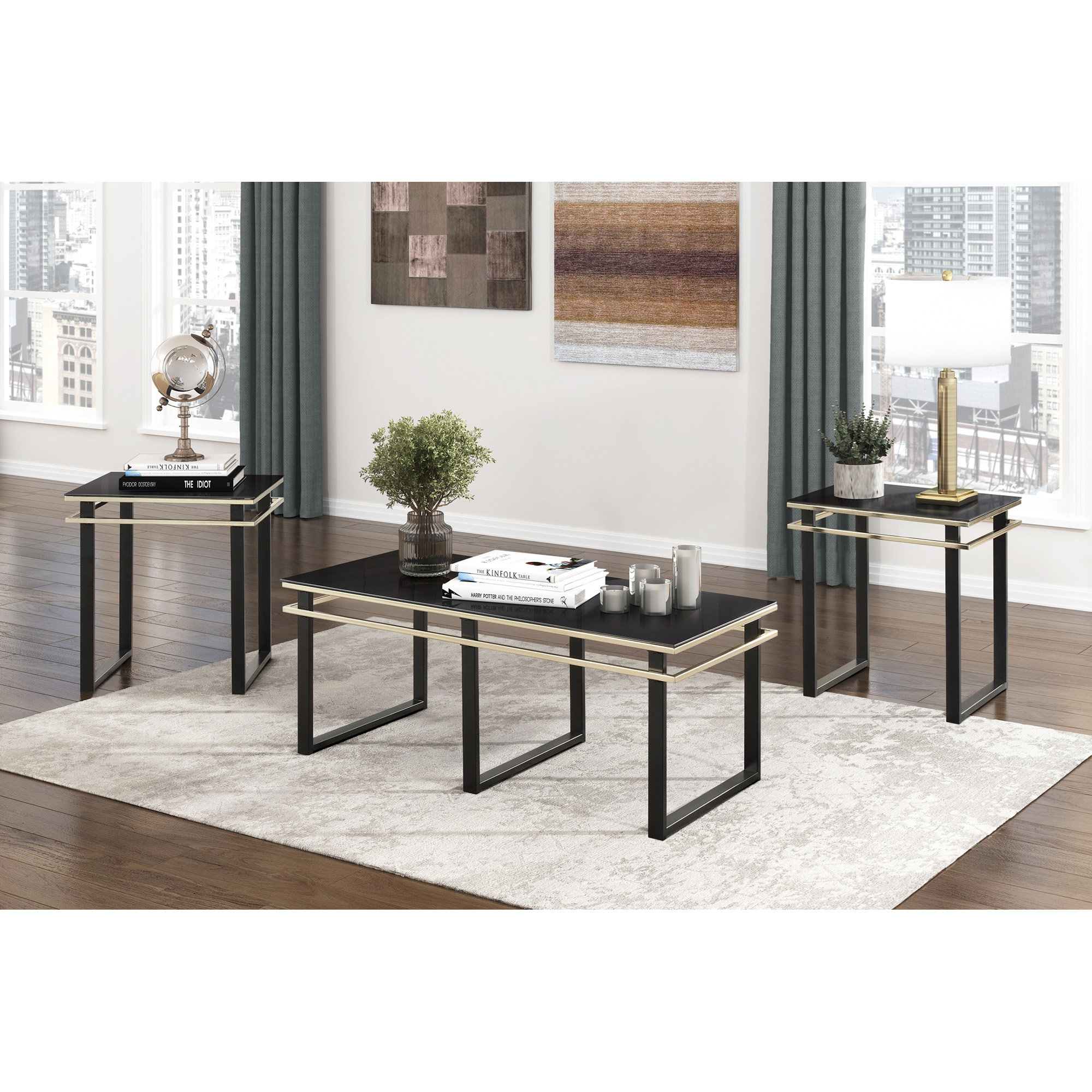 Mercer41 Black Coffee Table And End Tables Set Occasional 3Pc Tables ...