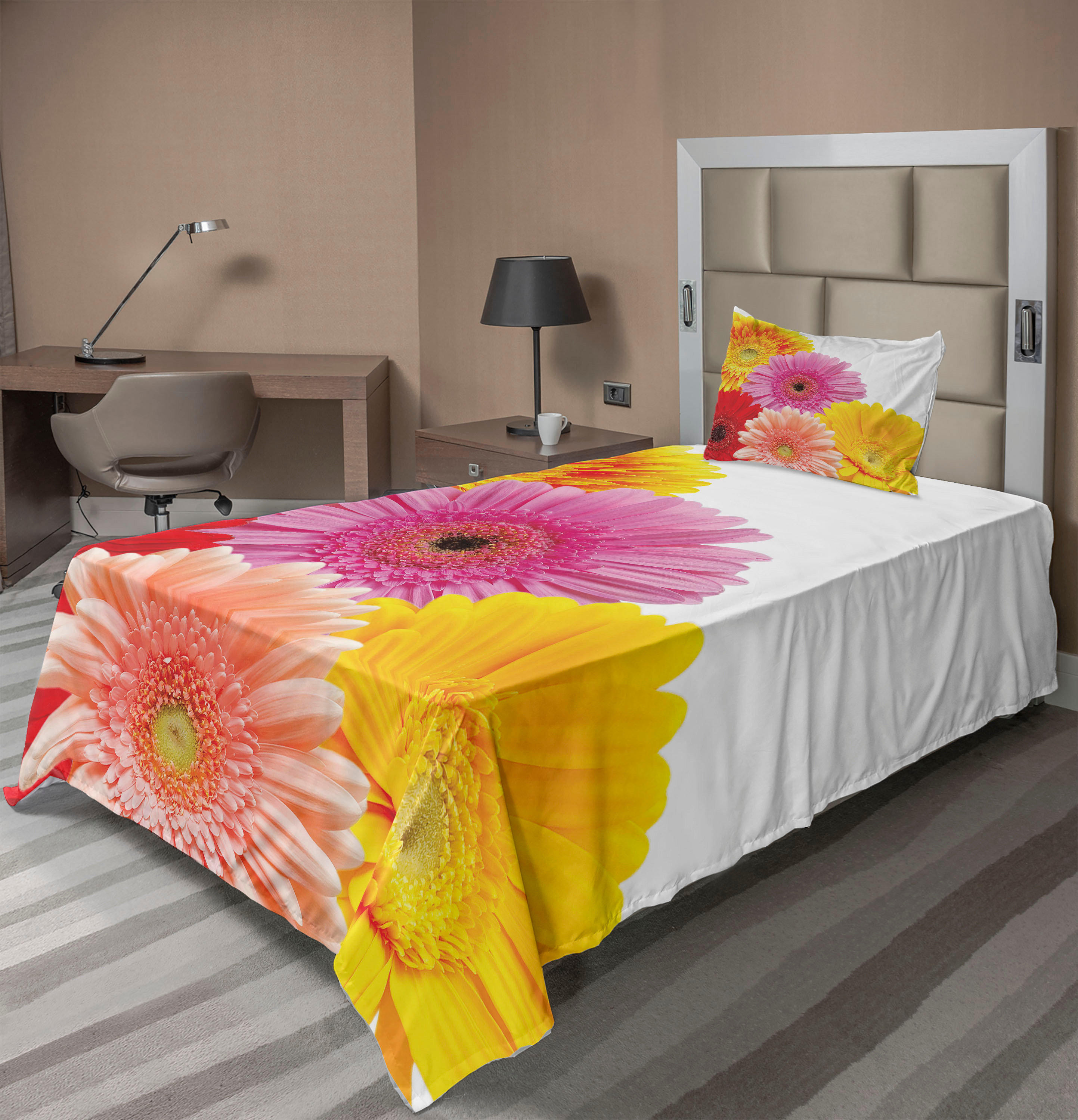 Ambesonne Daisy Sheet Set Gerbera Flowers Plain Back Dark Magenta and ...