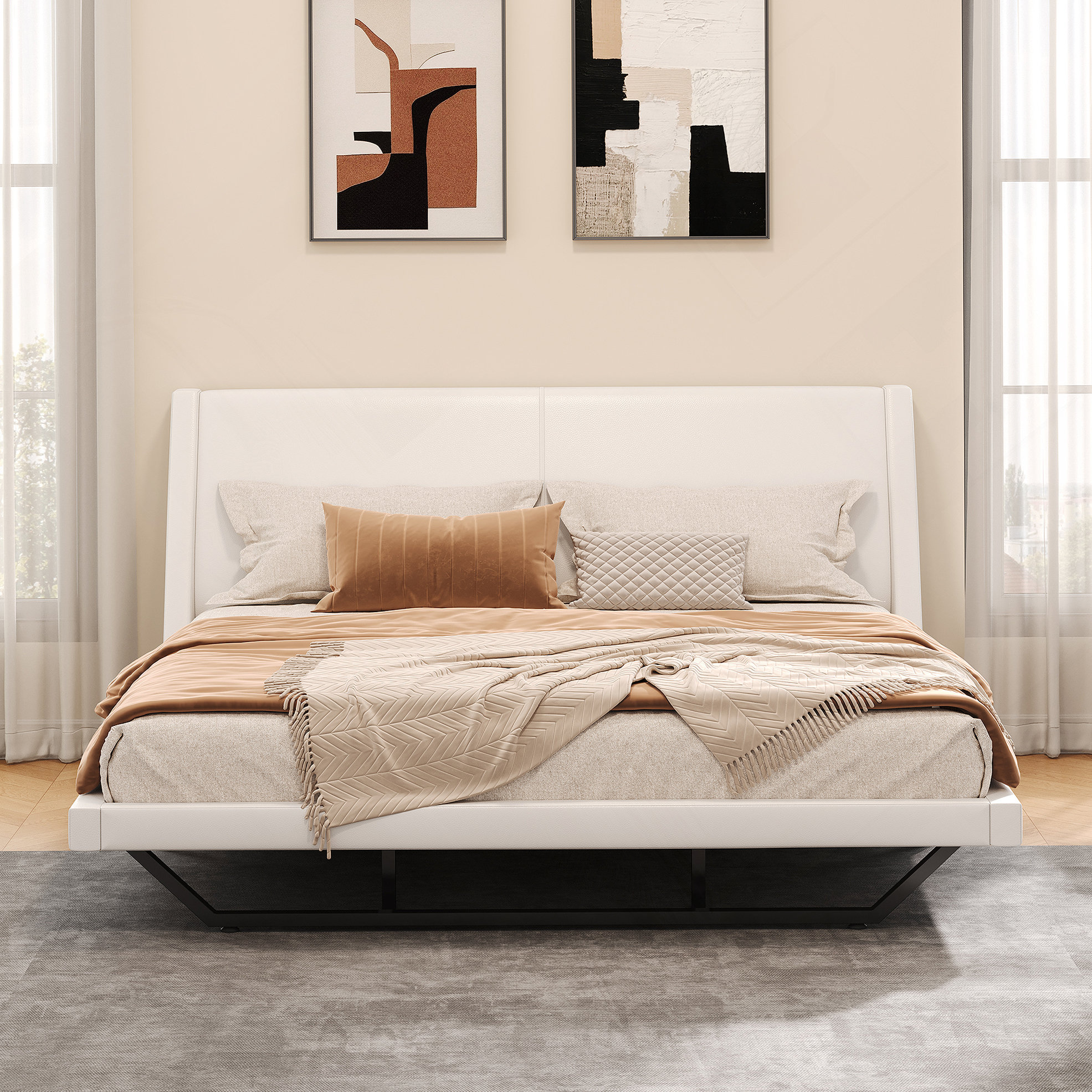 Ivy Bronx Upholstered Bed Frame, Pu Leather Platform Bed with Wave-Like ...