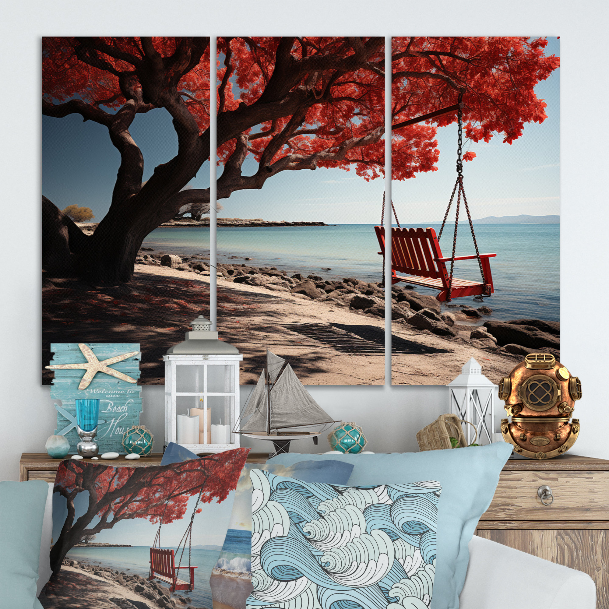 Highland Dunes Coastal Seaside Swing I - 3 Piece Wrapped Canvas Print ...