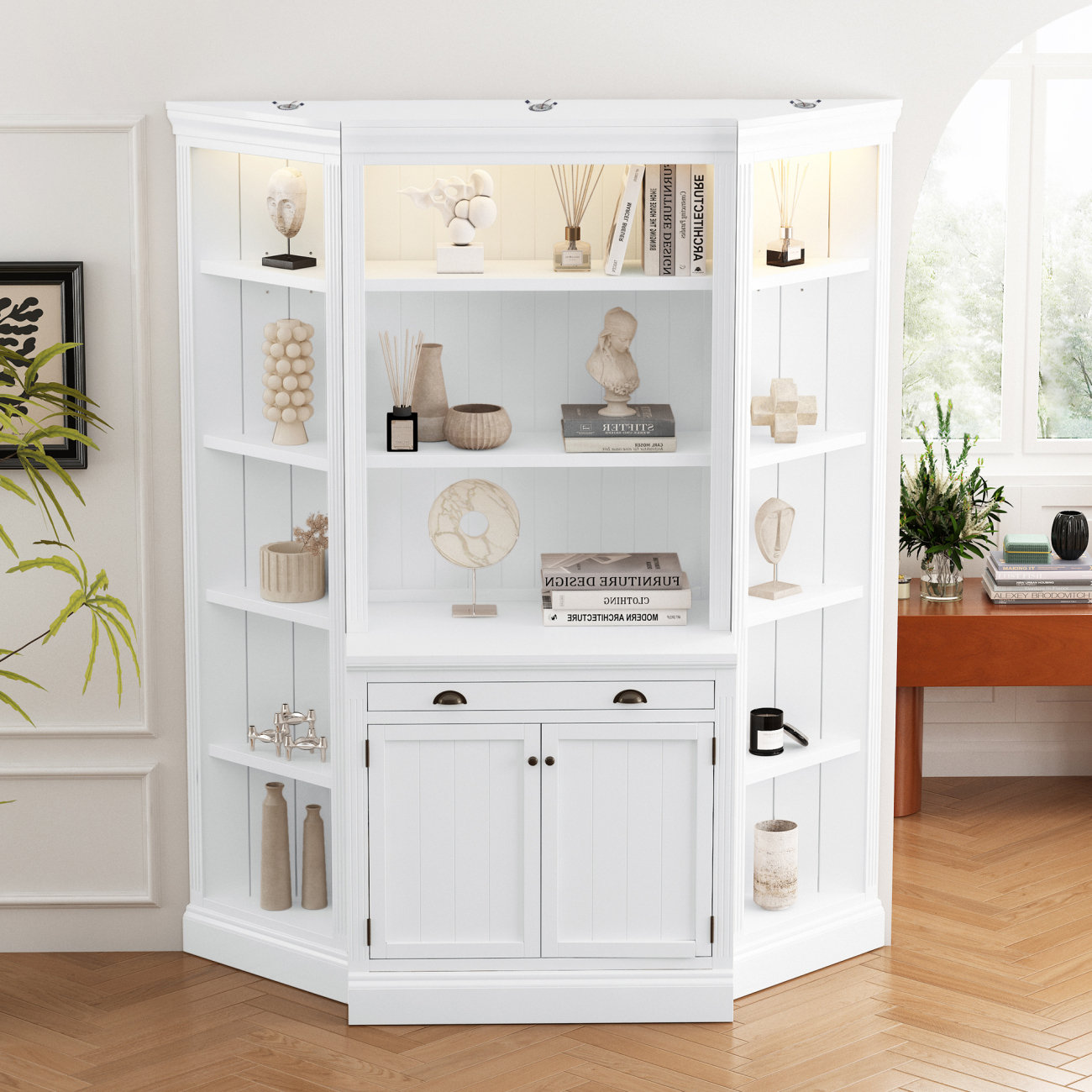 HEIMAO Versatile Tall Bookshelf With Corner Shelves, Doors, Drawer, And ...