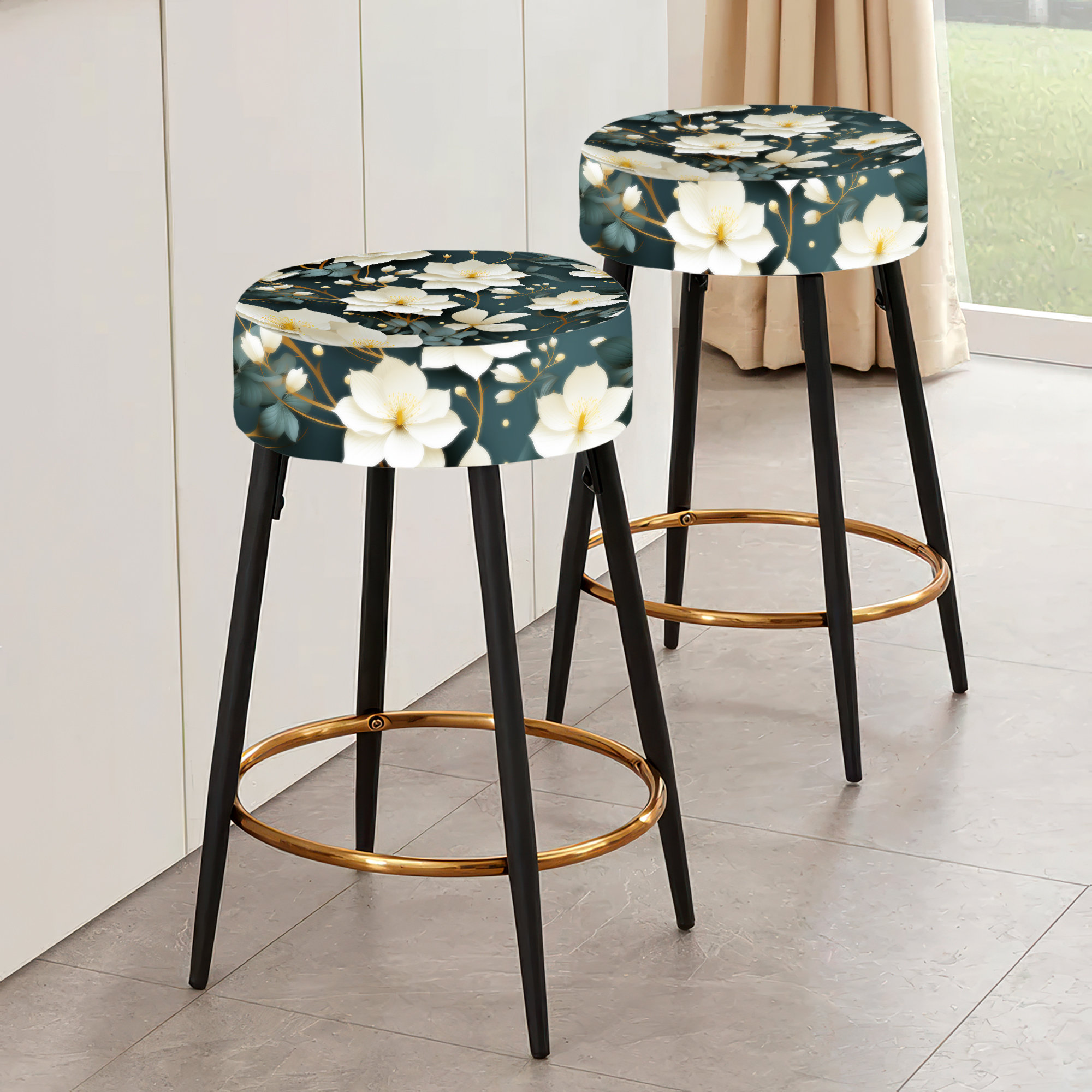 Design Art White And Teal Tranquil Lotus Zen - Botanical Bar Stools Set ...