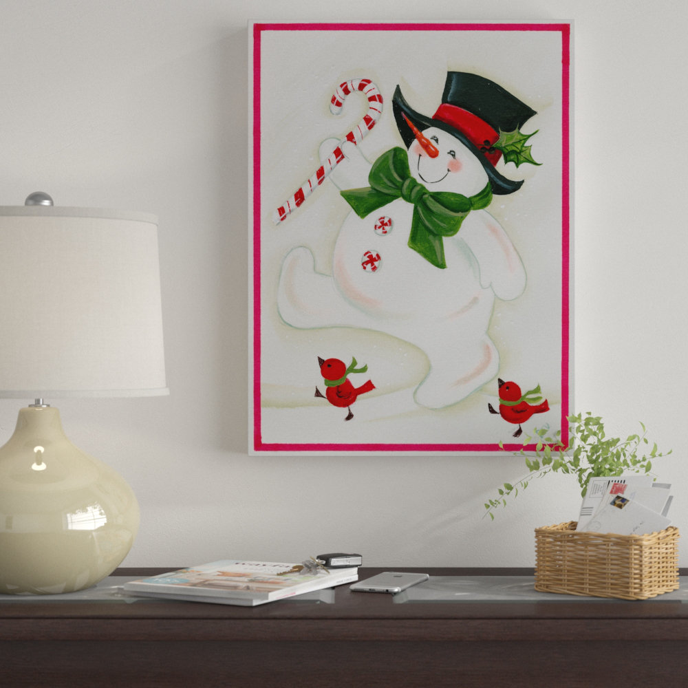 The Holiday Aisle® 'Snowman Marching With 2 Birds' Canvas Art | Wayfair