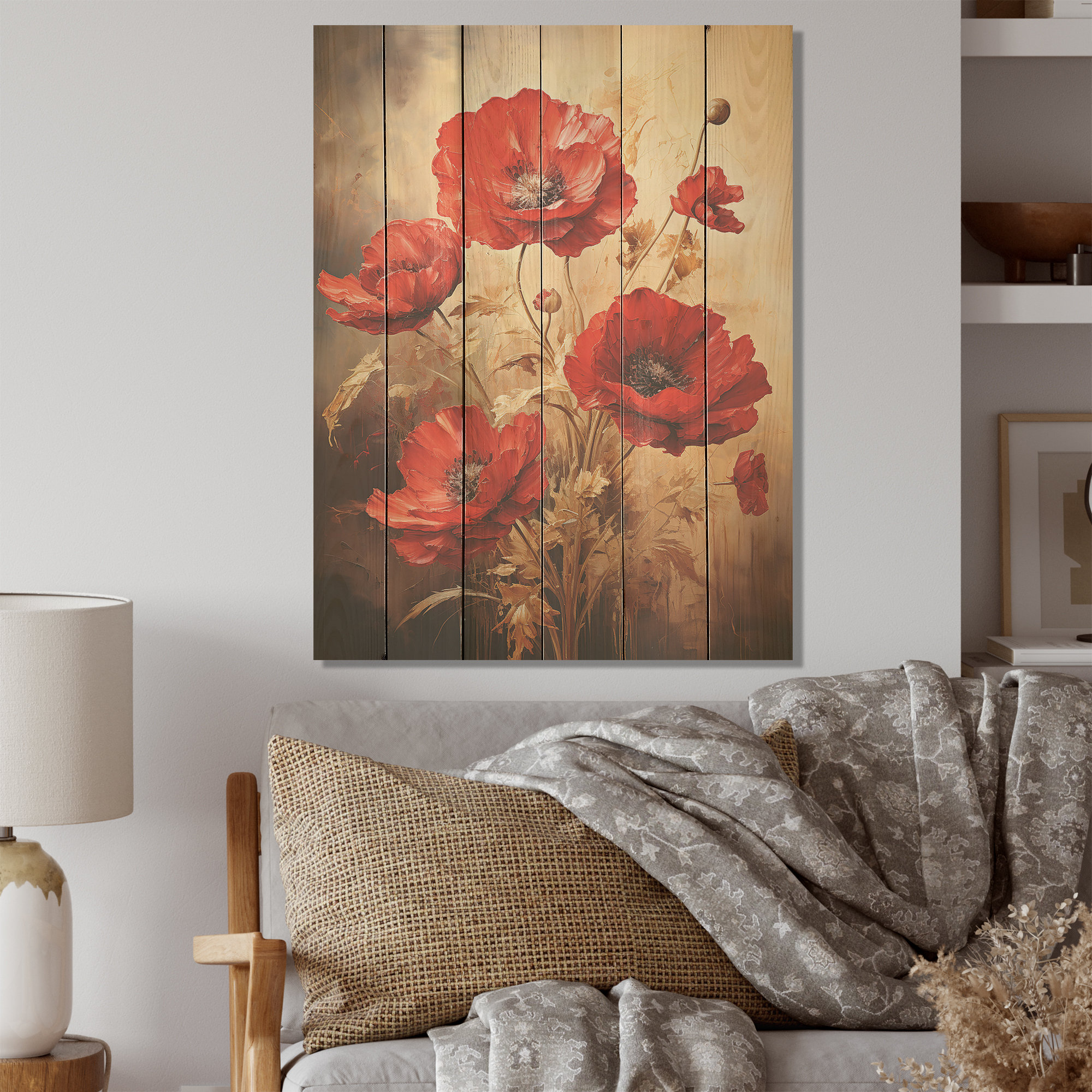 Lark Manor™ Poppies Scarlet Solitude I - Poppies Wood Art On Natural ...
