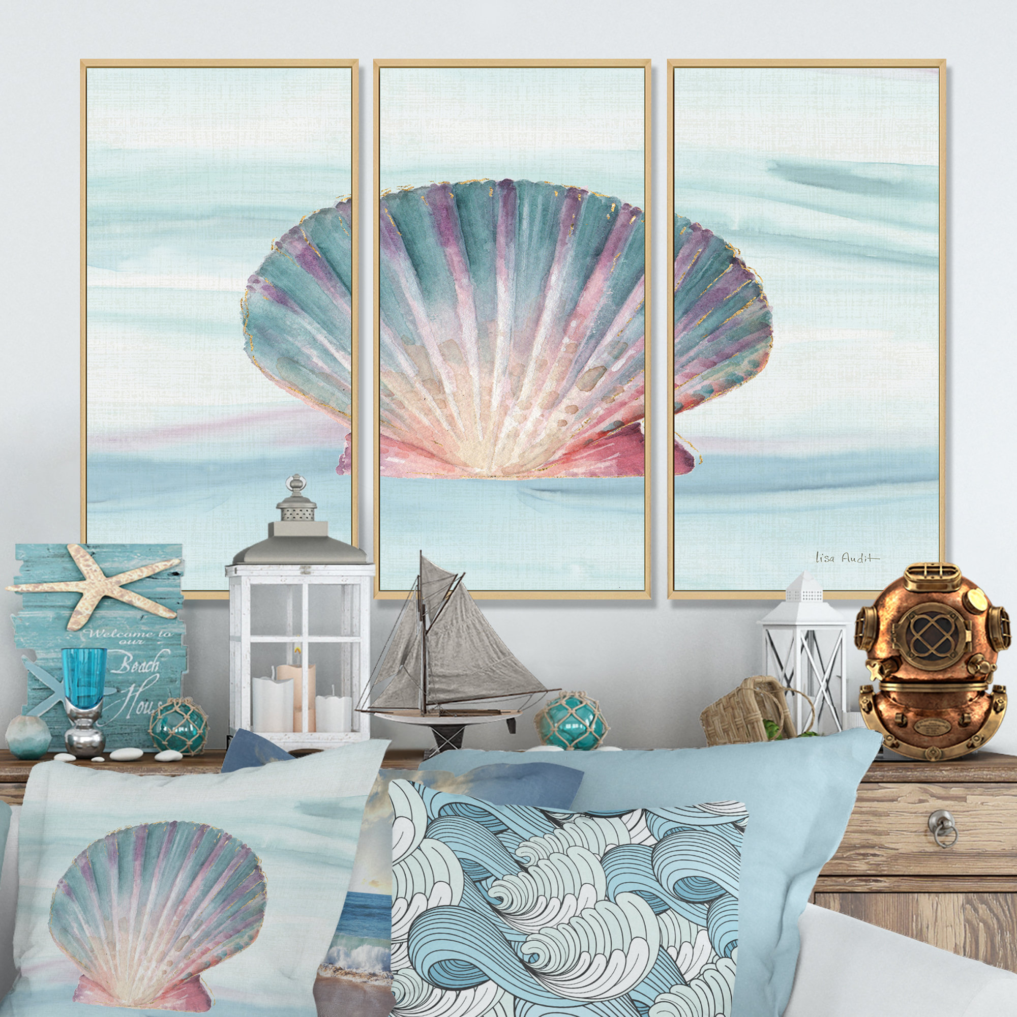 DesignArt " Ocean Shell On Blue " 3 - Pieces Painting Print - Wayfair ...