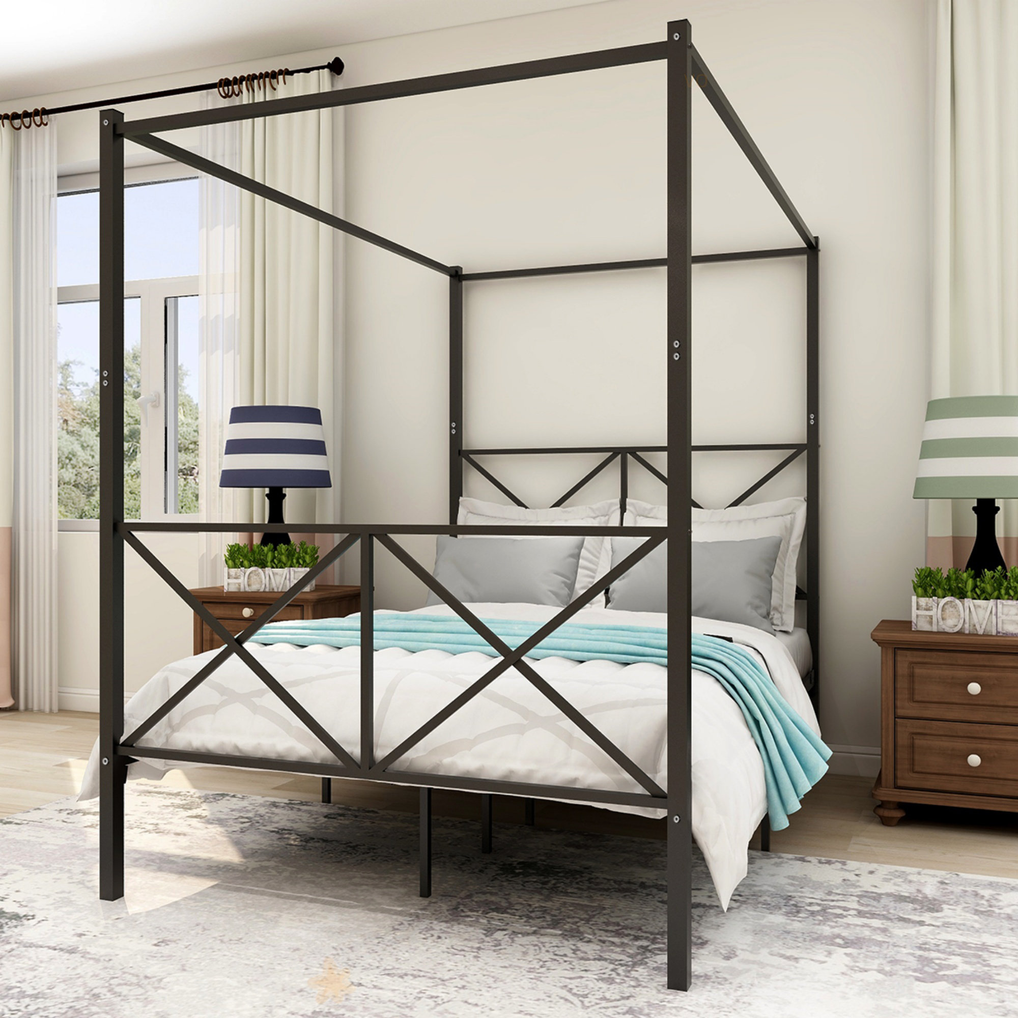 Gracie Oaks Metal Canopy Bed Frame, Platform Bed Frame With X Shaped ...