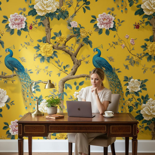 Lark Manor™ Peacock Wallpaper Floral Chinoiserie Wall Mural | Wayfair