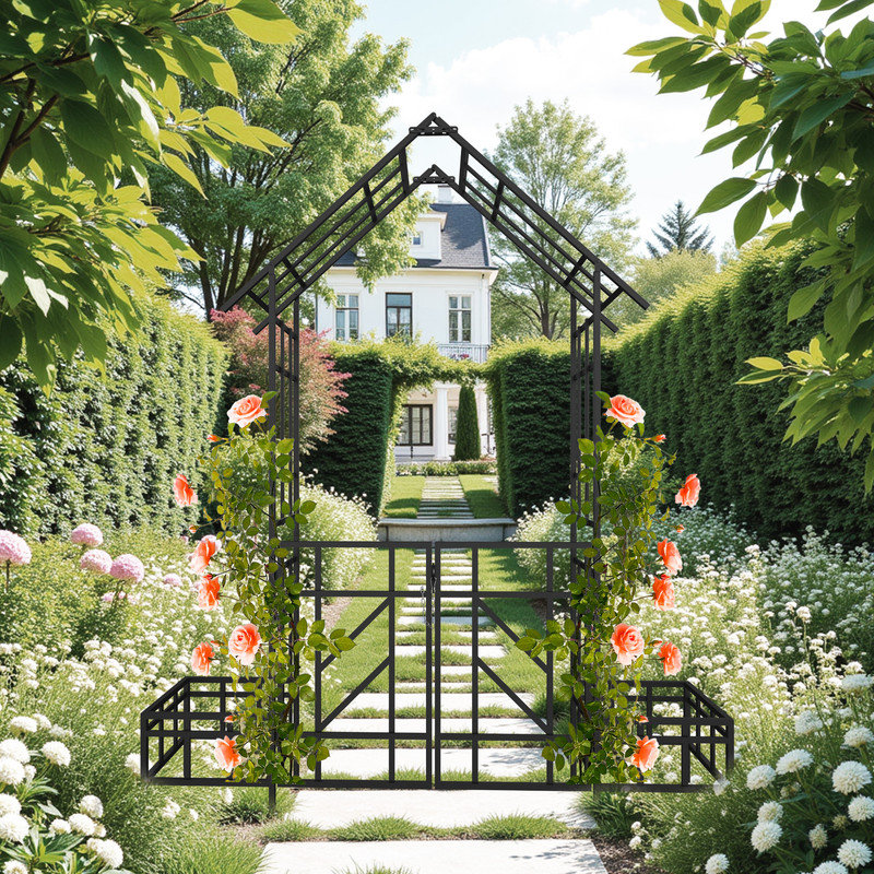 Gracie Oaks Weather-Resistant Metal Garden Arch with Gate and Planter ...