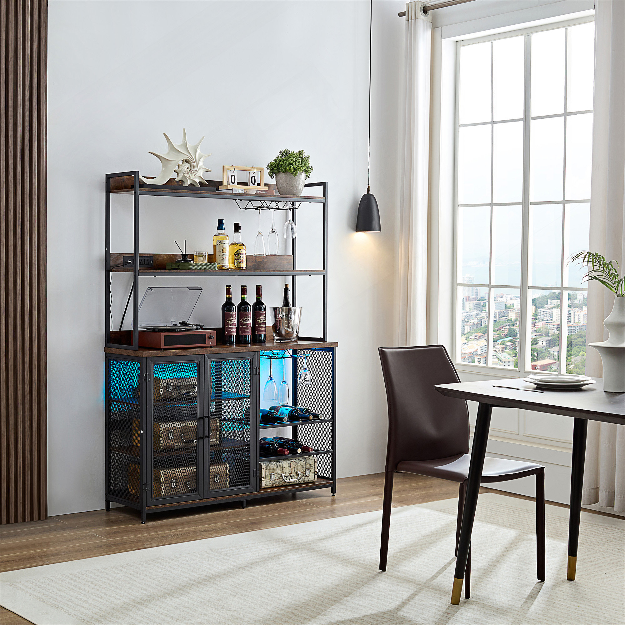 Wrought Studio™ Coffee Bar Cabinet With Power Outlet, Industrial Buffet ...