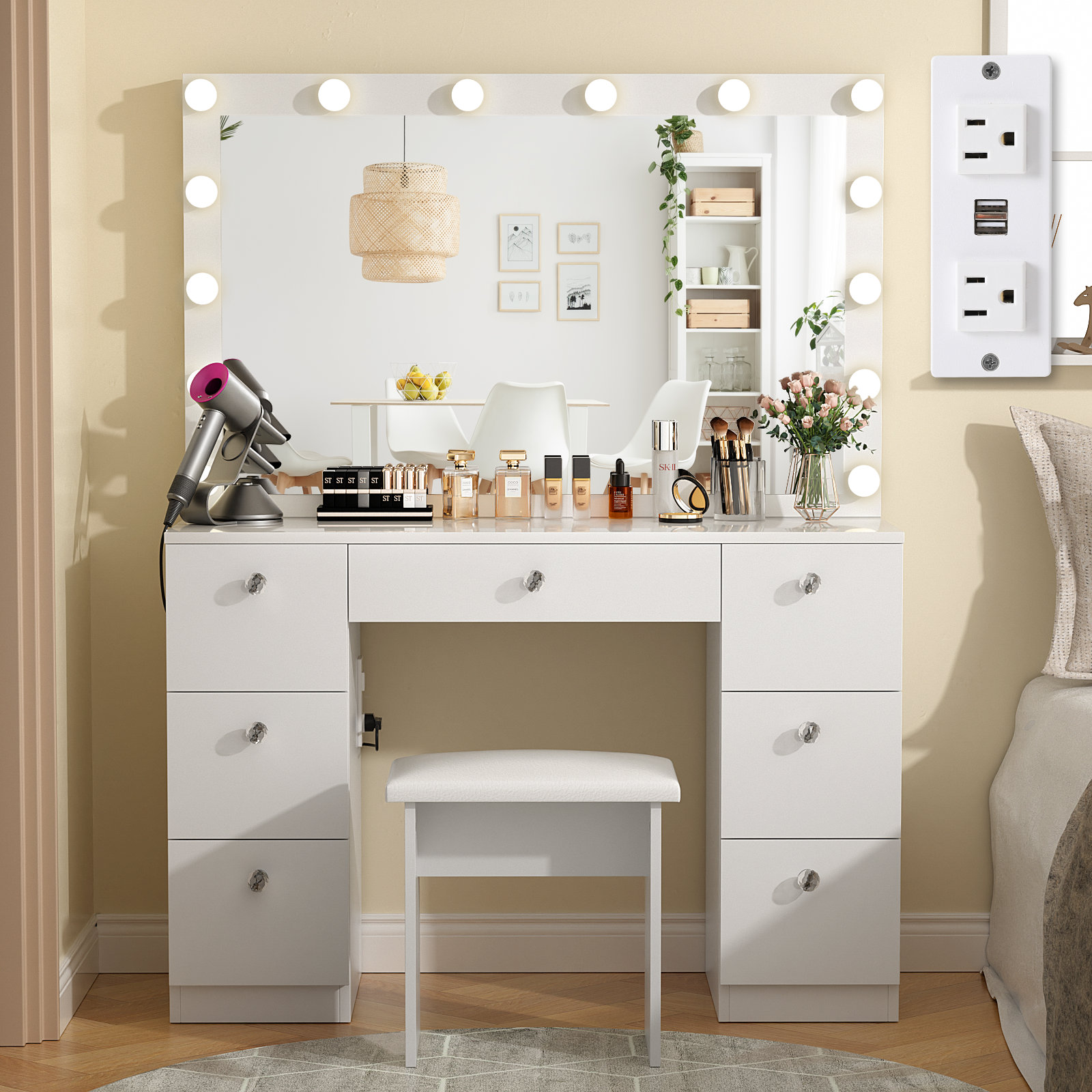 Latitude Run® Greyden Makeup Vanity with Lights, 7 Large Drawers and ...