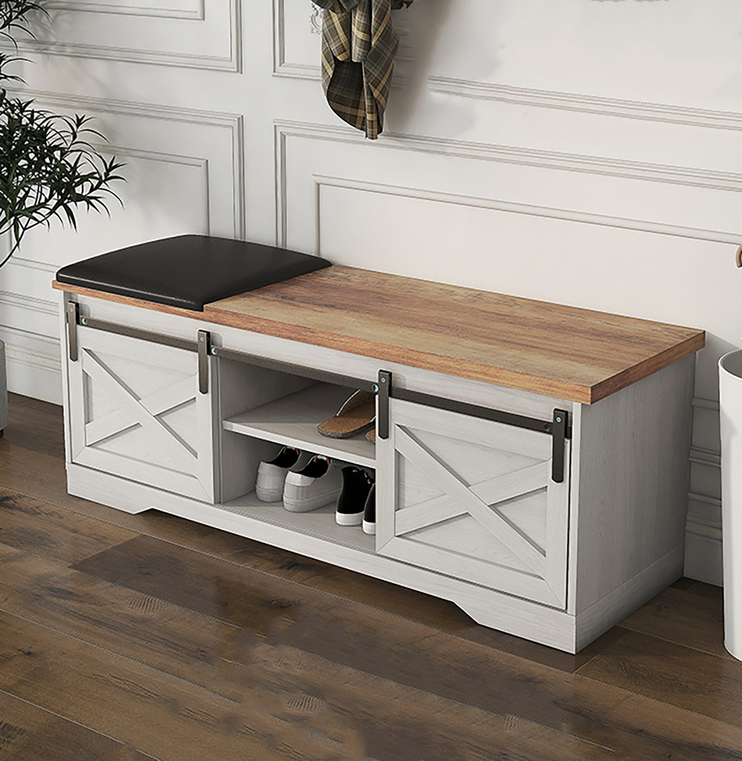 Latitude Run® Entryway Shoe Bench With Sliding Door Cushion Adjustable ...