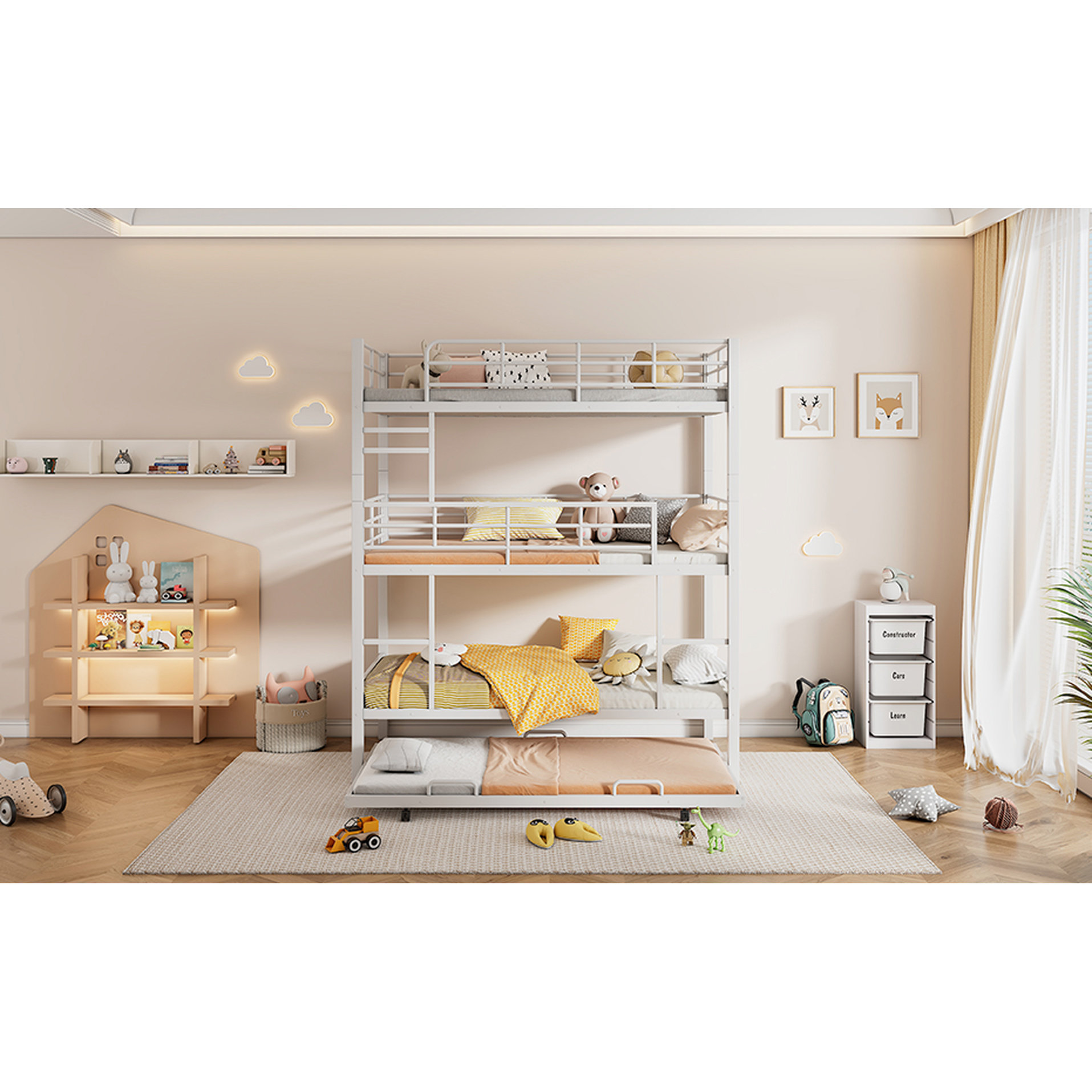 Latitude Run® White Twin Size Triple Bunk Bed With Trundle, Metal ...