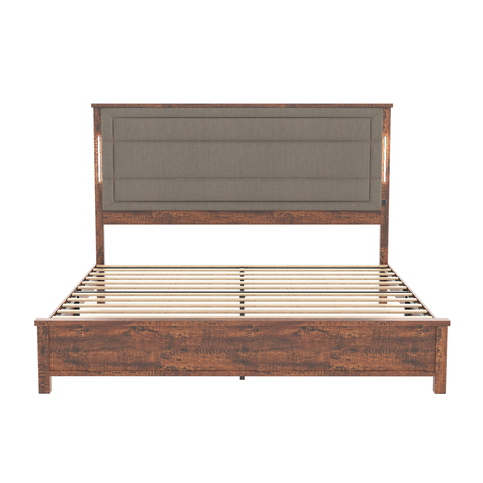 Millwood Pines Queen Size Bed Frame With Upholstered Headboard, Charging Station, Led Lights ...