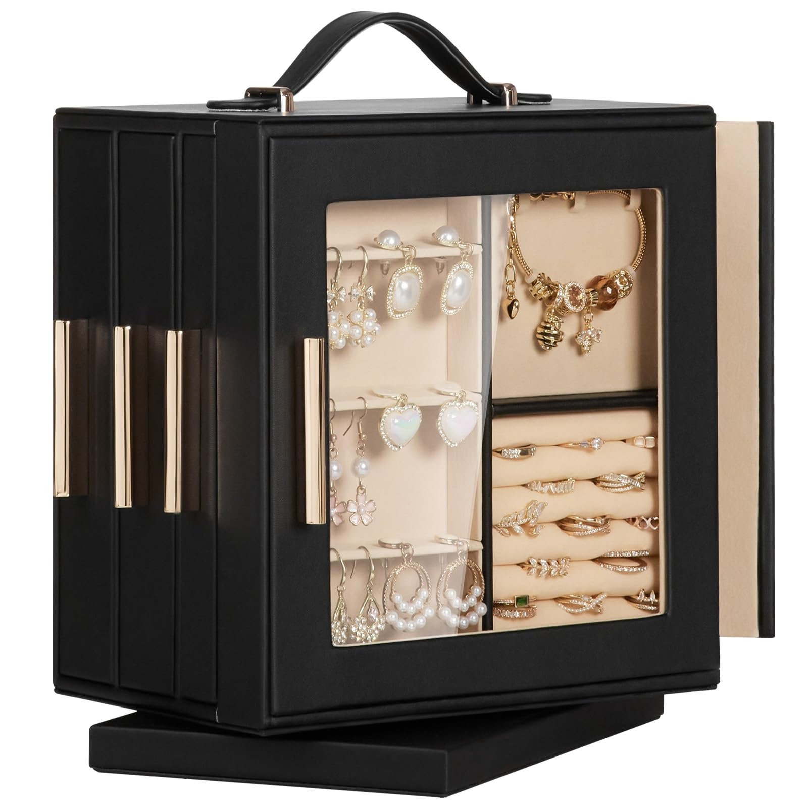HIRVOK 360° Rotating Jewelry Box with Transparent Window and Mirror ...