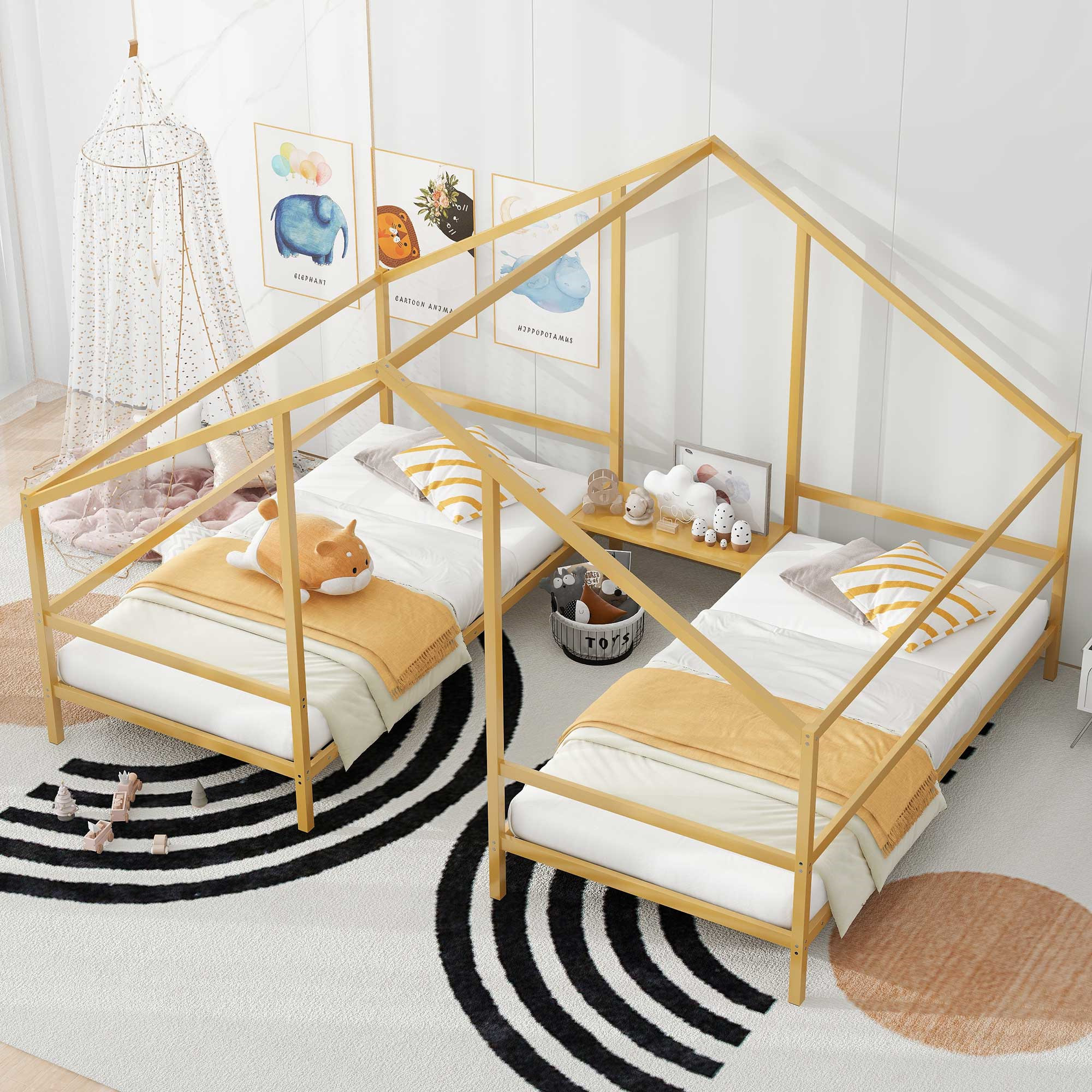 Harper Orchard Metal Double Twin Size Triangular House Beds with Built ...