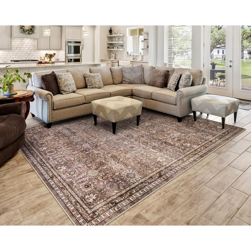 Bungalow Rose Short Cashmere Vintage Floral Border Area Rug (350G Short ...