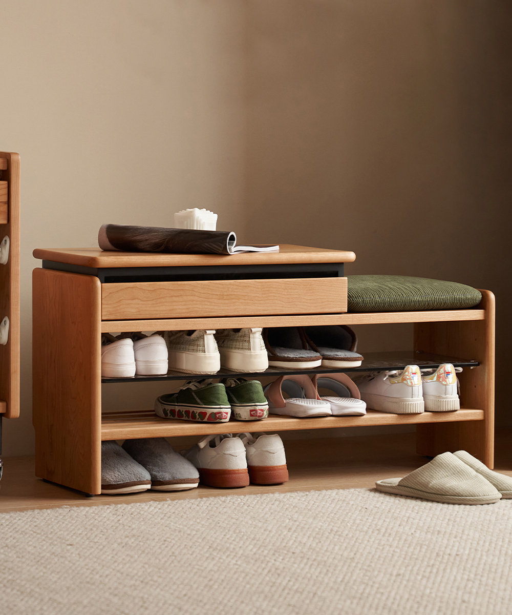 Stylistics Savvy 35.43" Light Yellow Wood Rectangular Solid Wood Shoe ...