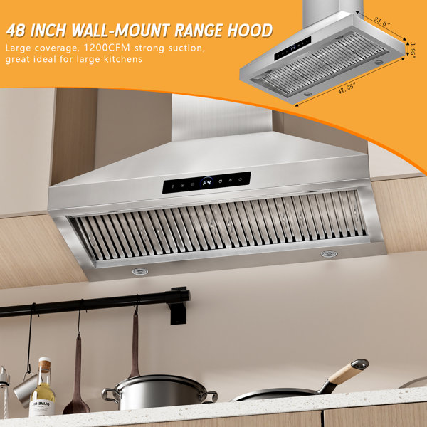 TAZPI 48 Inch Range Hood 1200cfm, 4-speed Wall Mount Range Hood With ...