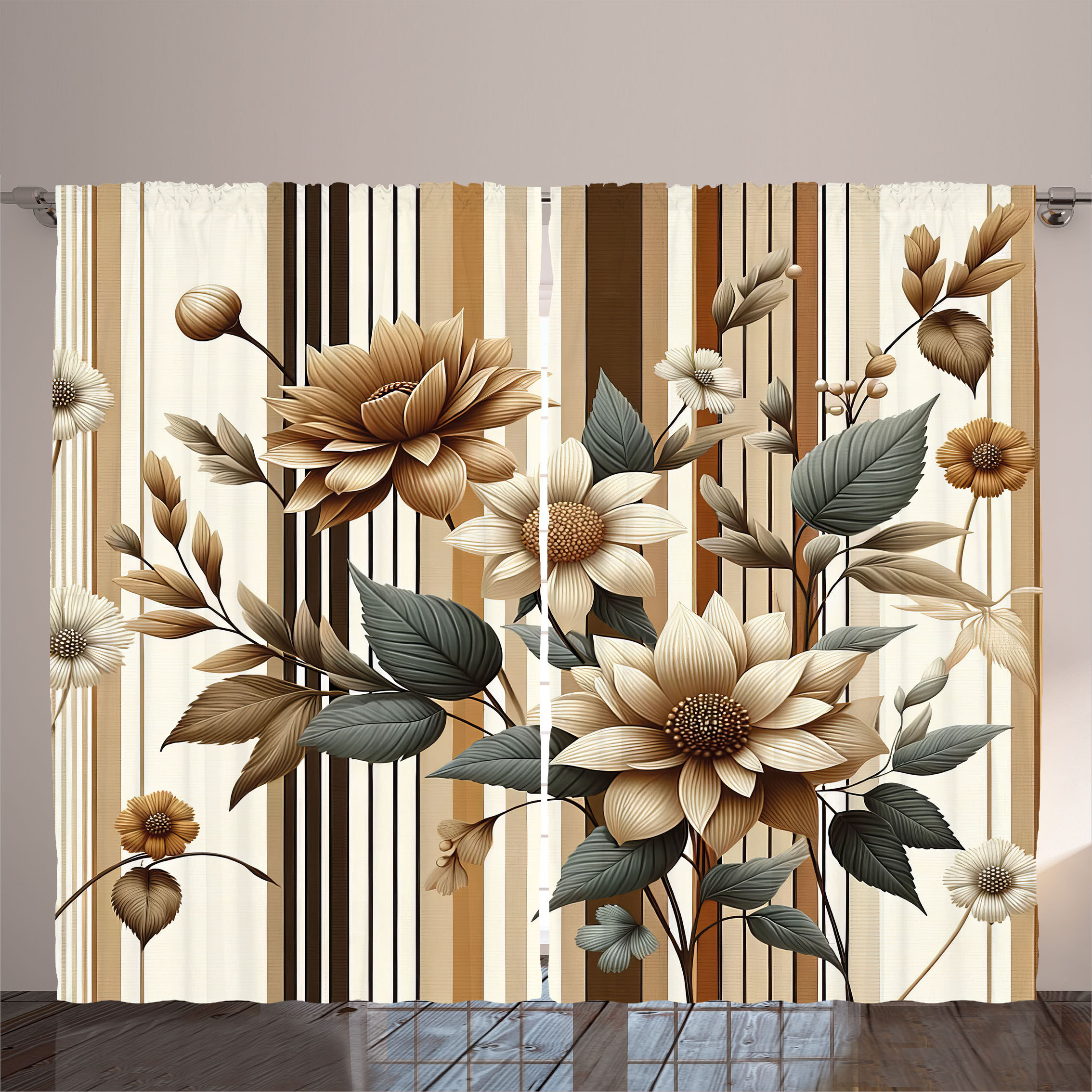 Ambesonne Curtains 2 Panel Set, Retro Sepia Flowers and Stripes Almond ...