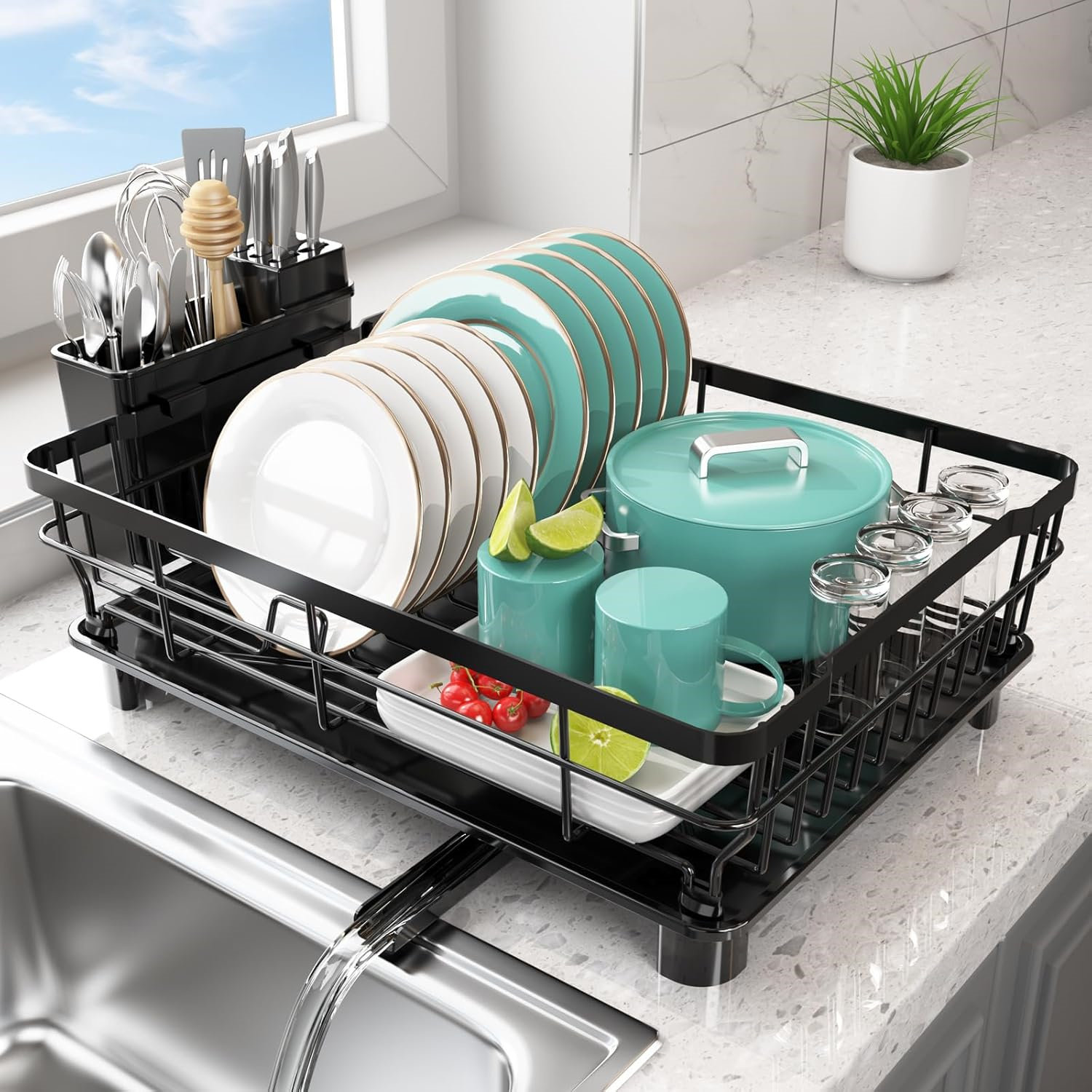 PAVORA Kitchen Countertop Dish Rack with Drainer Board, Rustproof Dish ...