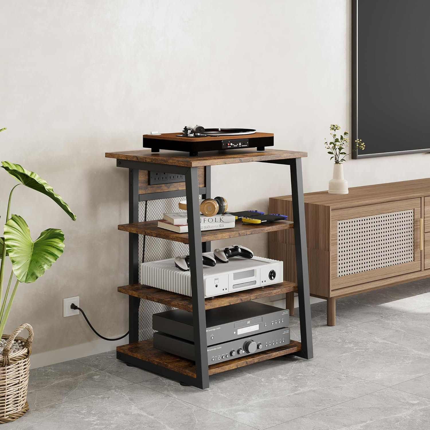 17 Stories 4-Tier Media Stand With Power Strips, LED Lights, Rack Audio ...