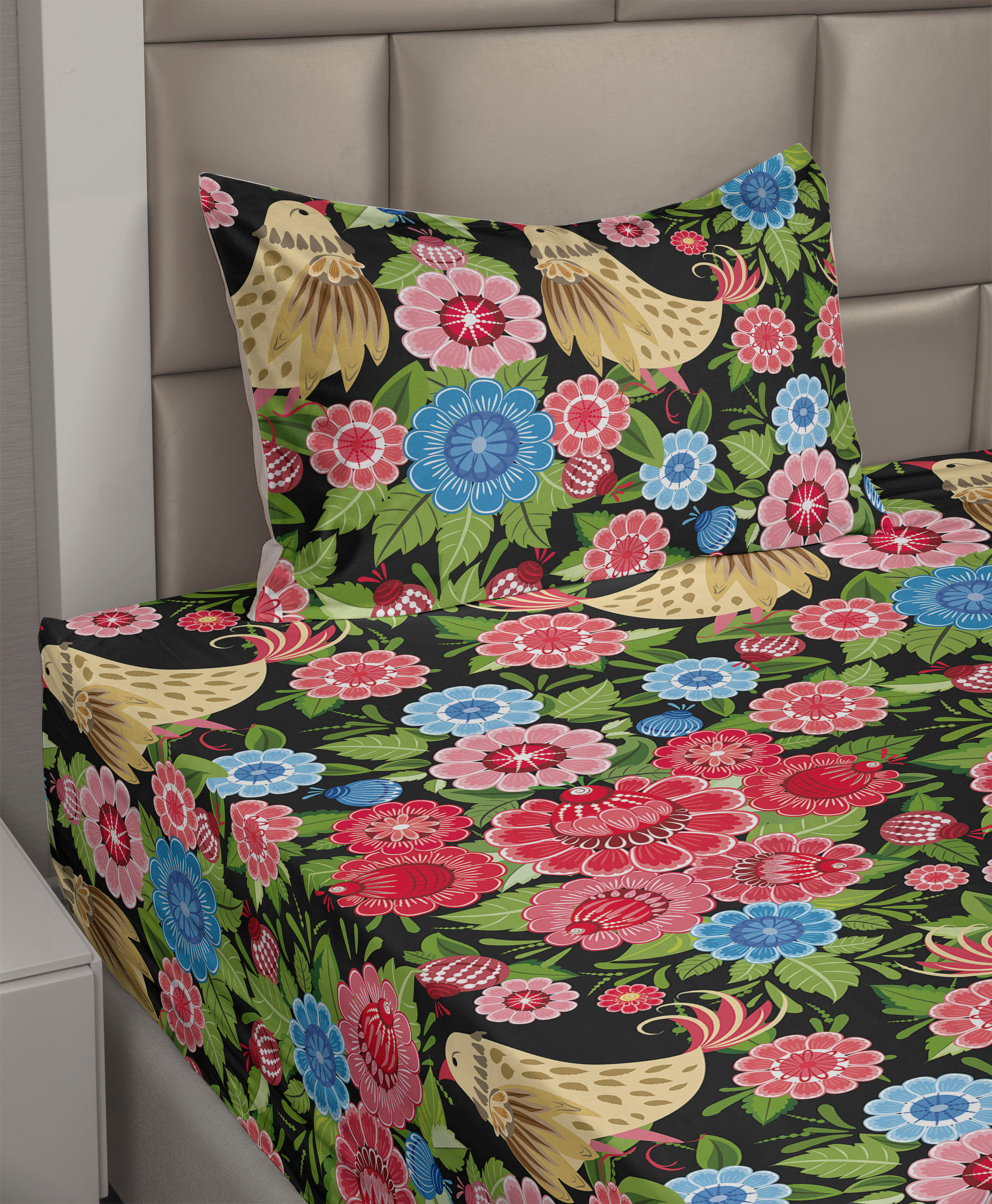 Ambesonne Birds and Nature Sheet Set Flowers and Birds Dark Pink ...