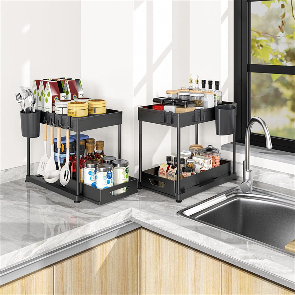 Rebrilliant 2 Pack Kitchen Bathroom Sink Organizer With Hooks, 2 Tier ...