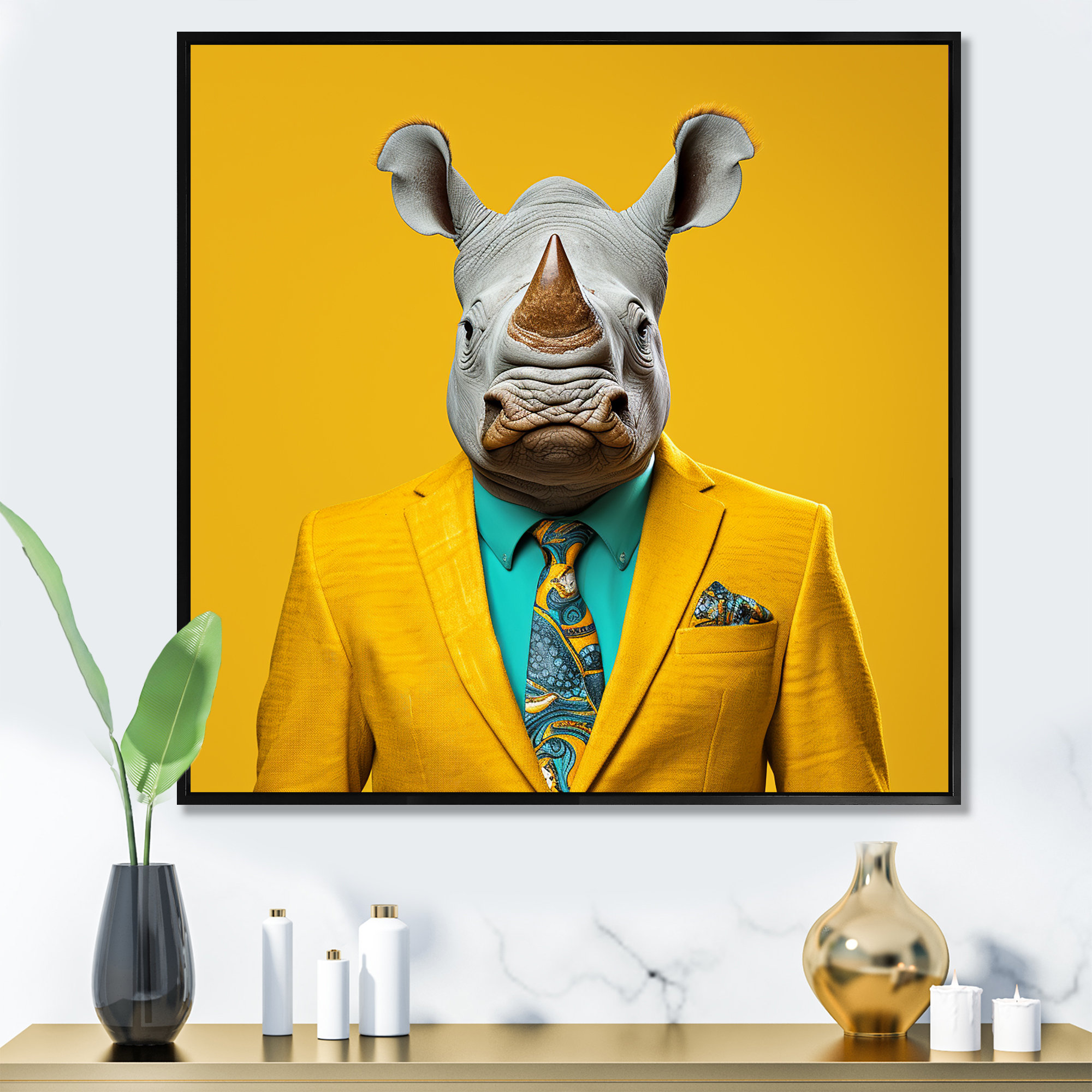 Trinx Suited Up Rhino In Yellow I - Rhinoceros Animal Wall Art | Wayfair