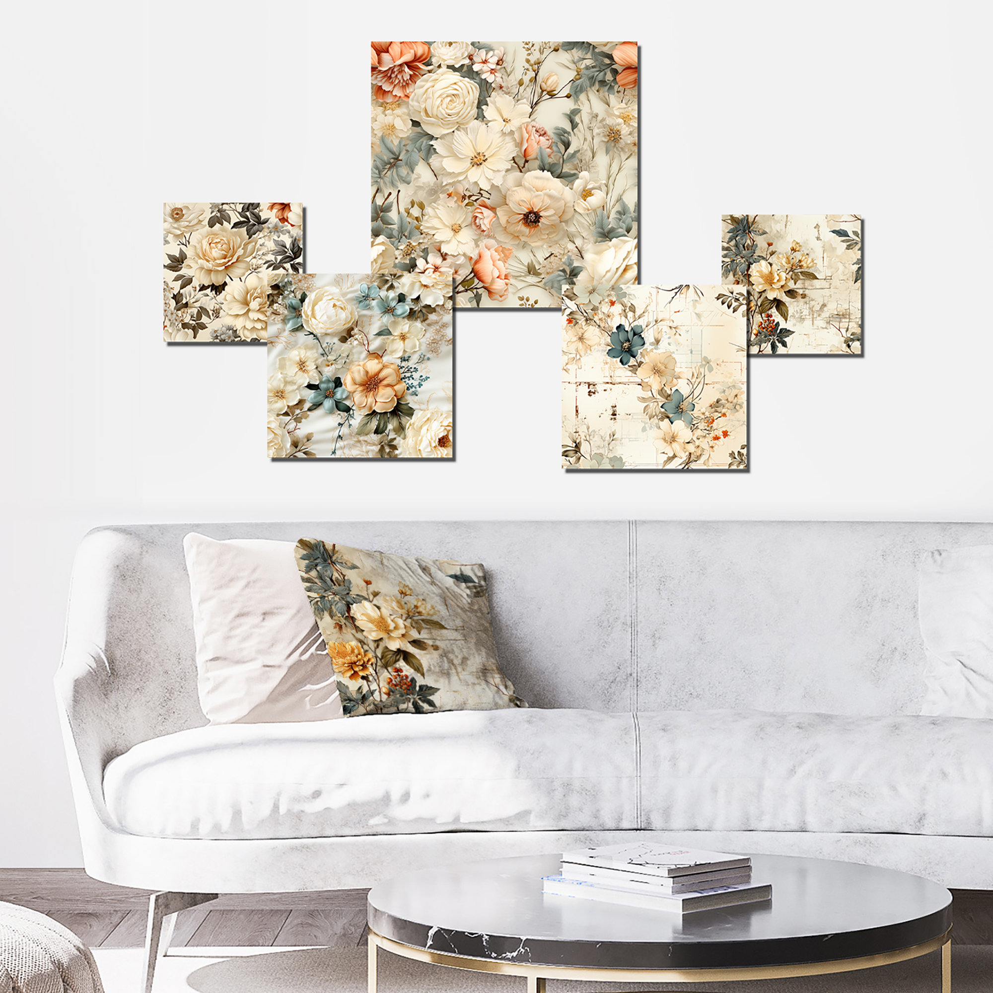 Design Art Beige Vintage Countryhouse Flower Harmony - Patchwork Wall ...