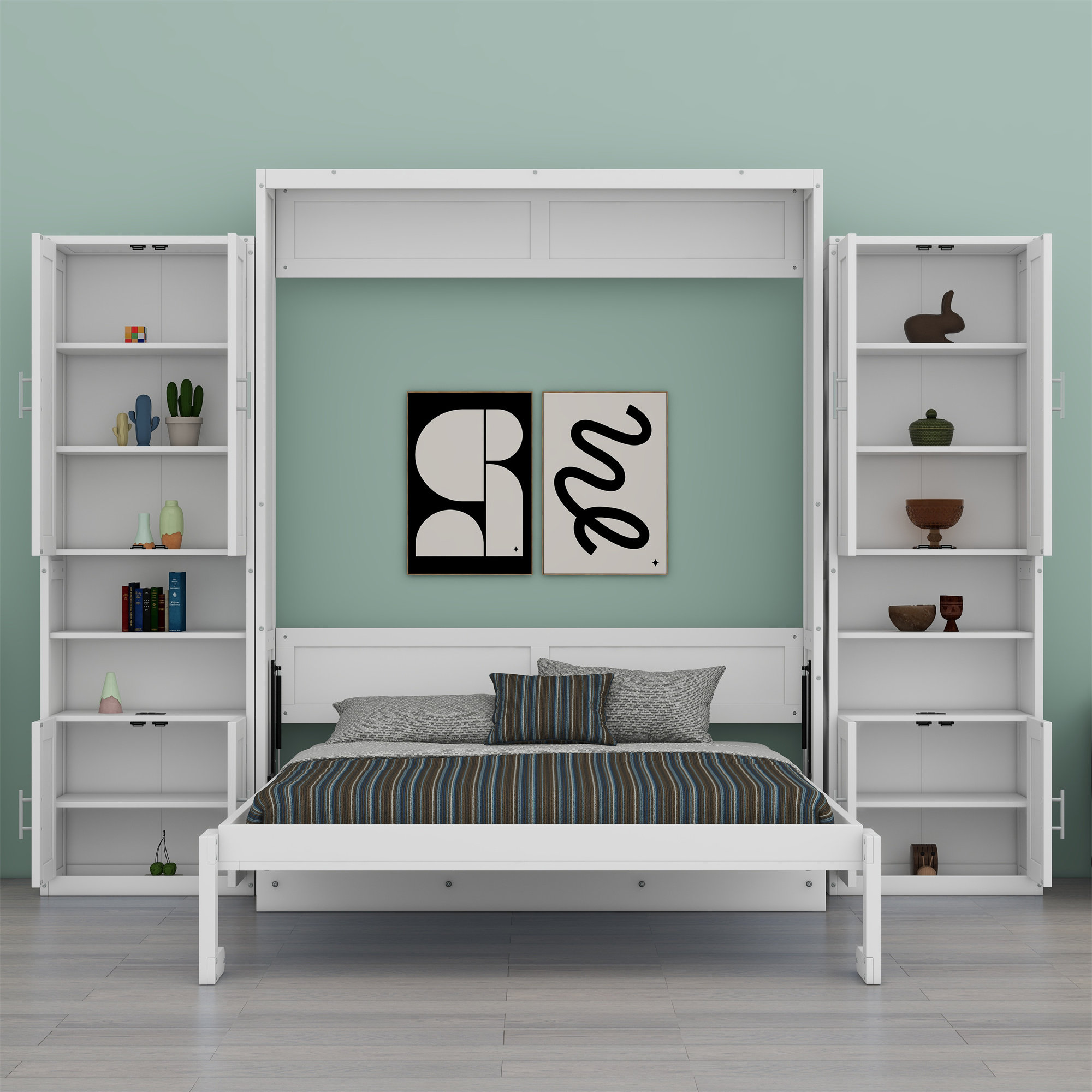 Hokku Designs Murphy Bed With 2 Side Cabinet Storage Shelves, Cabinet ...