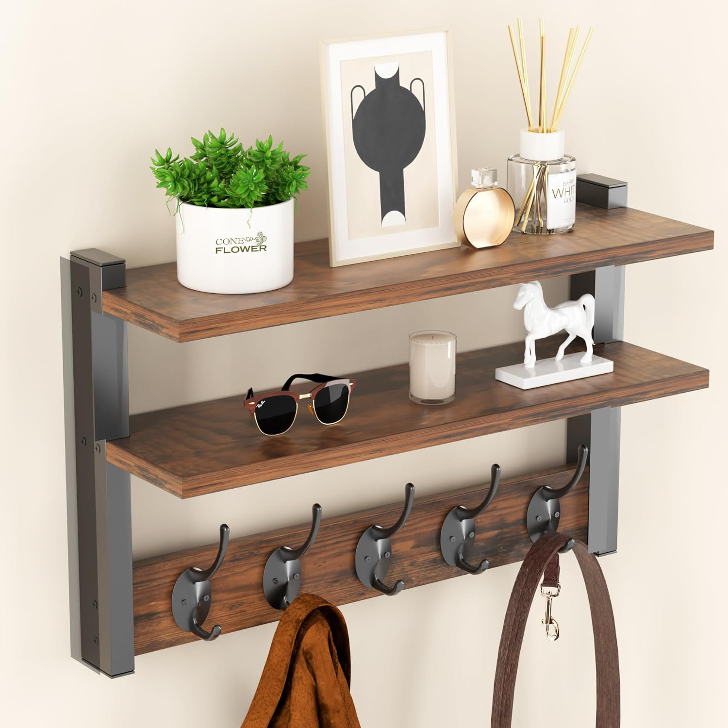 17 Stories Two-Tier Wall Shelf With Hooks,17" With Shelf | Wayfair