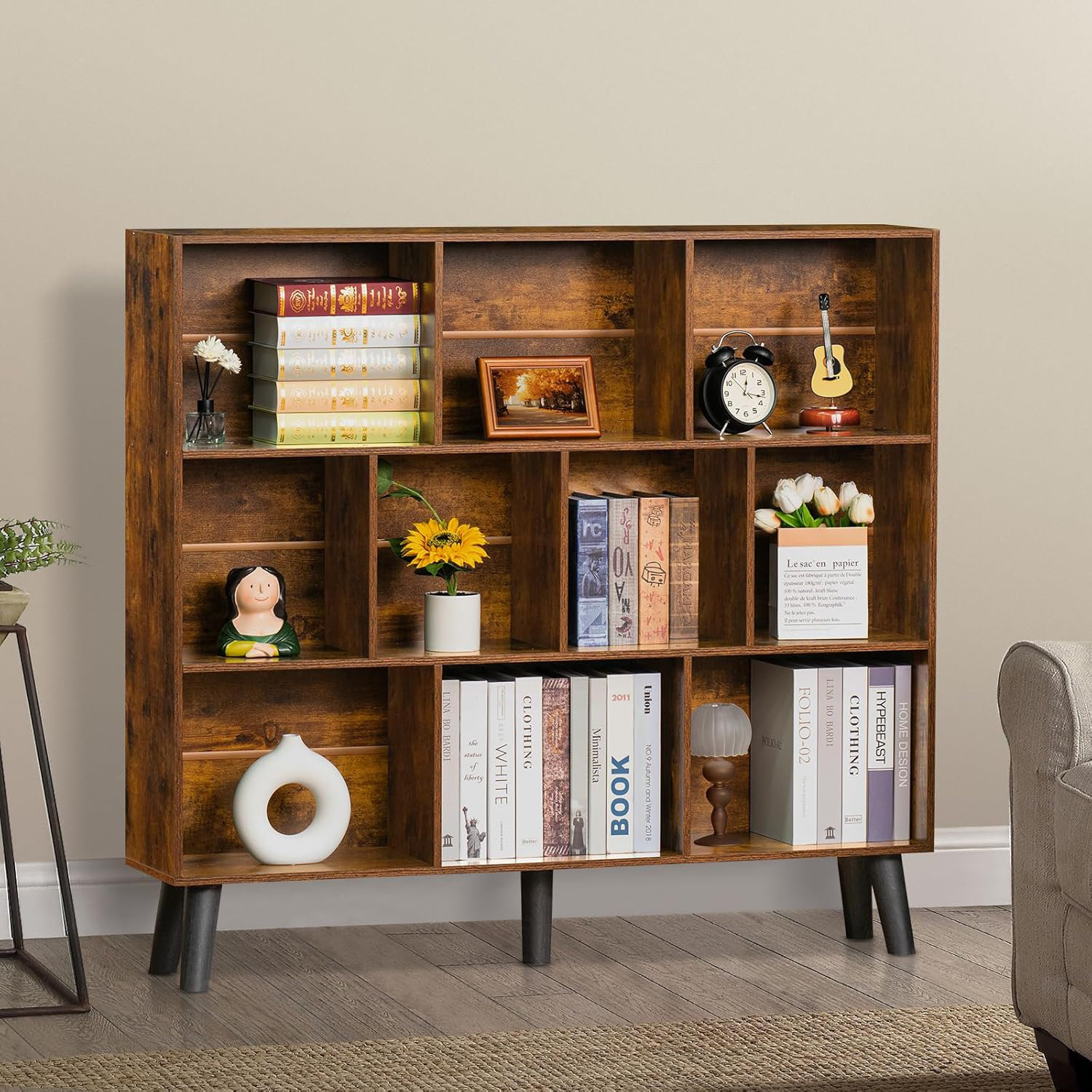 Corrigan Studio 10 Cube Bookshelf,3 Tier Modern Wide Bookcase with Legs ...