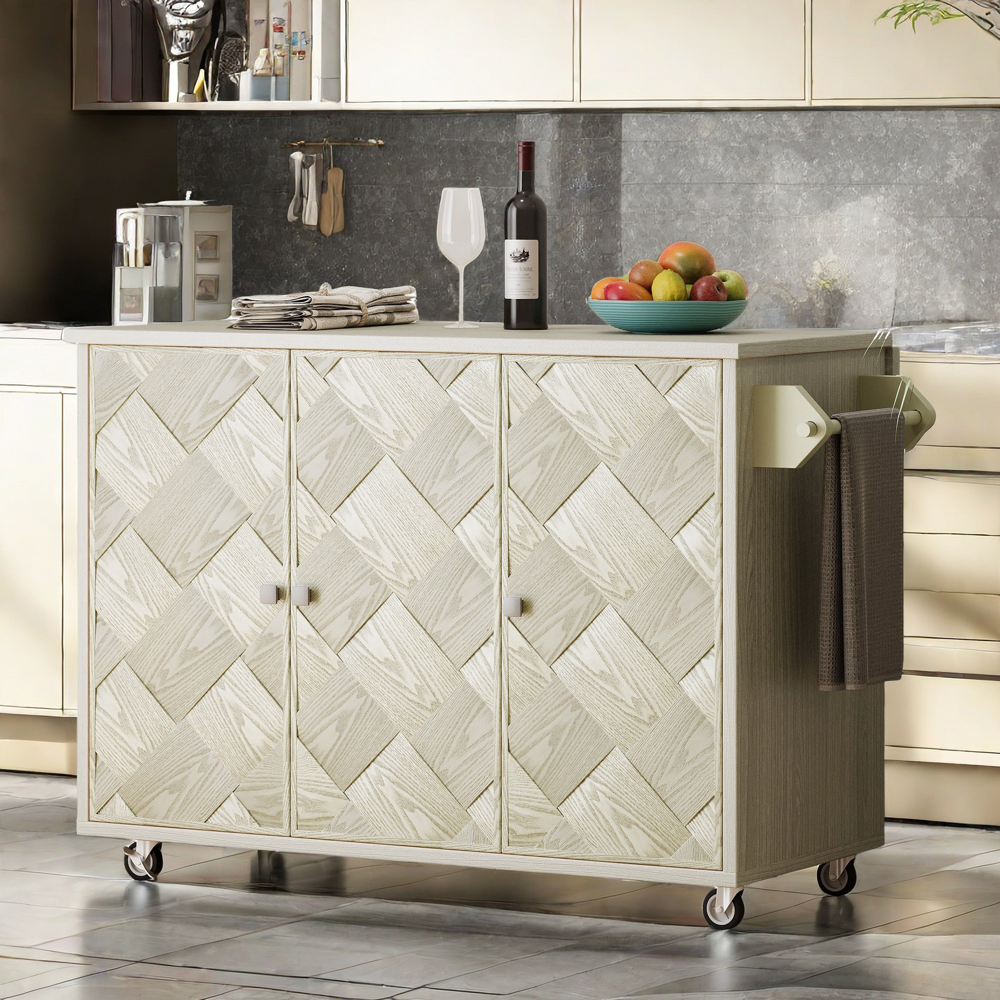 Latitude Run® Rolling Kitchen Island With Ash Veneer Handwoven Doors ...