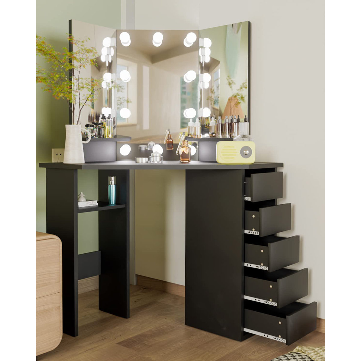 Latitude Run Adest Tri-Fold Mirror Dressing Table with 5 Drawers and 3 ...