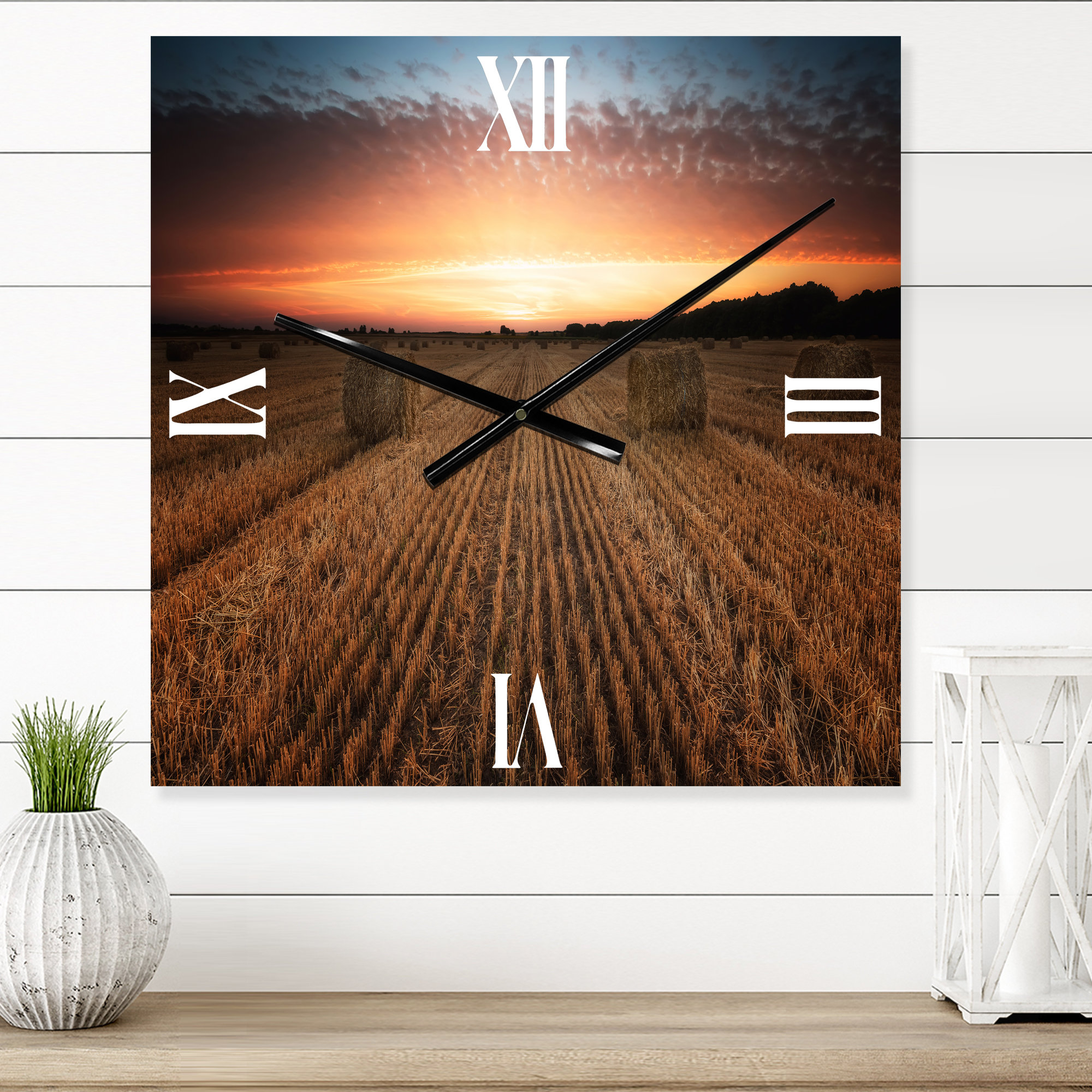 East Urban Home Landscape with a Field Full of Hay Bales at Sunset ...