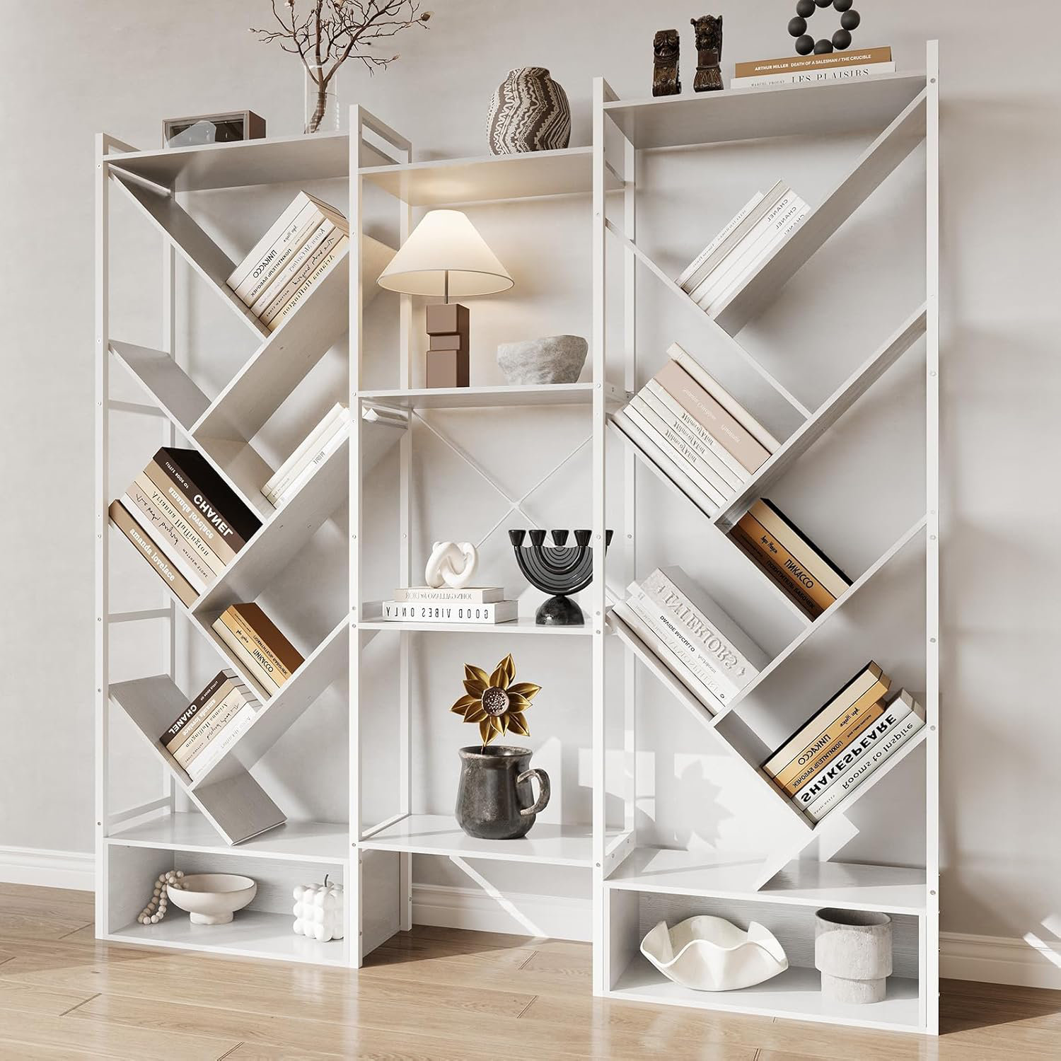 17 Stories Triple 5-Tier Industrial Tree Bookshelf with 20 Open Shelves ...