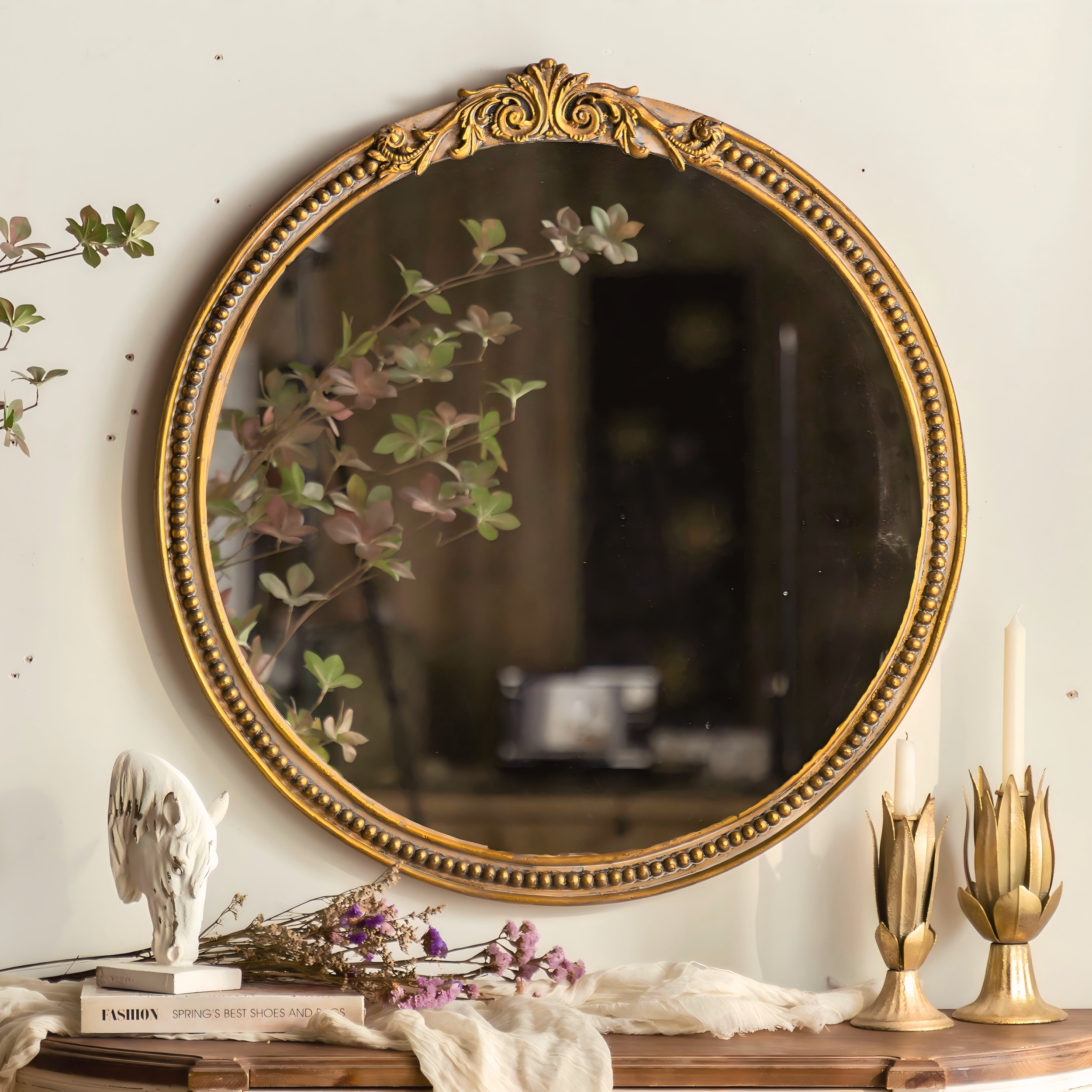 Fleur De Lis Living 32" Round Frame Wall Decorative Mirror Gold Soild ...