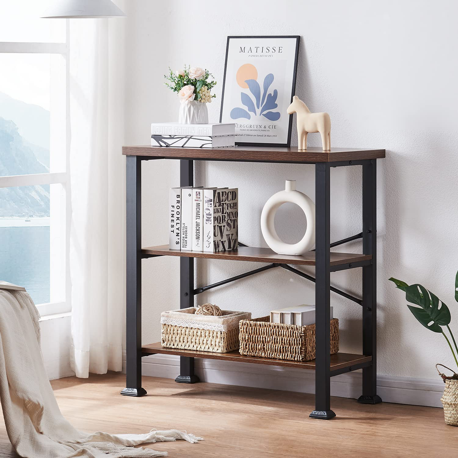 17 Stories Three Tier Bookshelf, Rustic Brown Industrial Style ...