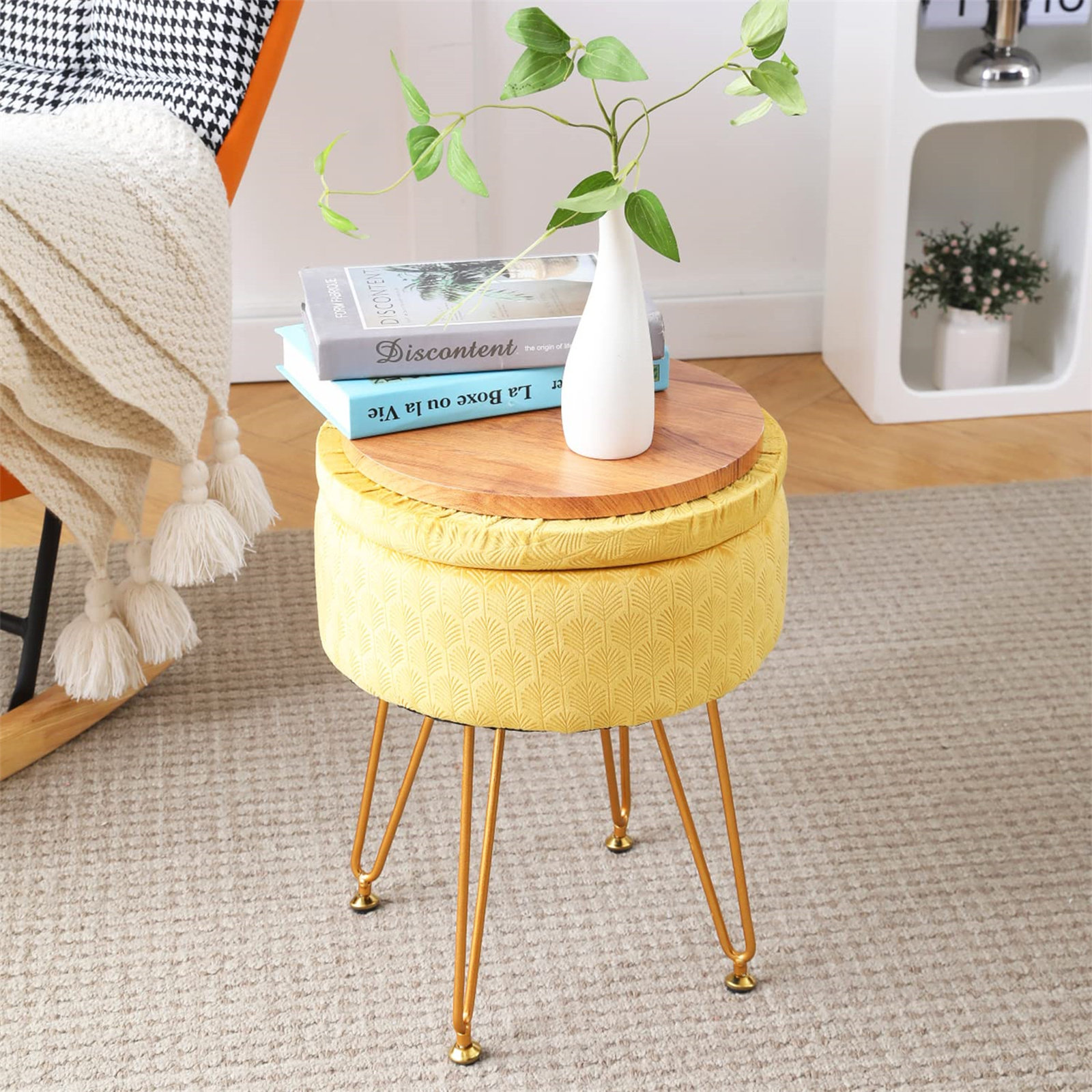 Mercer41 Velvet Round Footstool With Storage, With Memory Foam, 4 ...