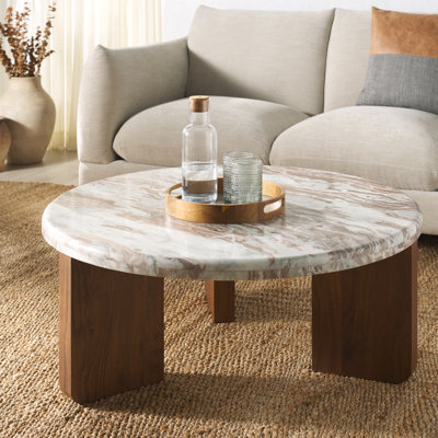 Ivy Bronx Elegant Round Travertine Texture Coffee Table – 30” Stone ...